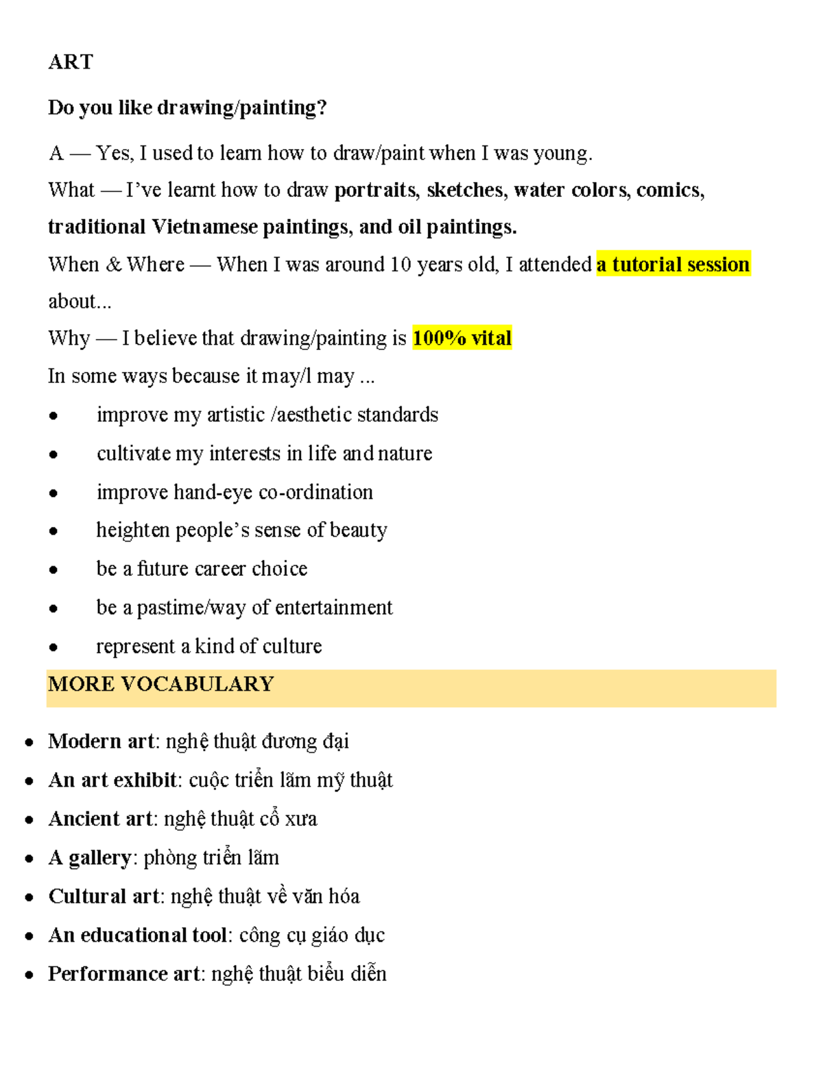 ART - ... - ART Do you like drawing/painting? A — Yes, I used to learn ...