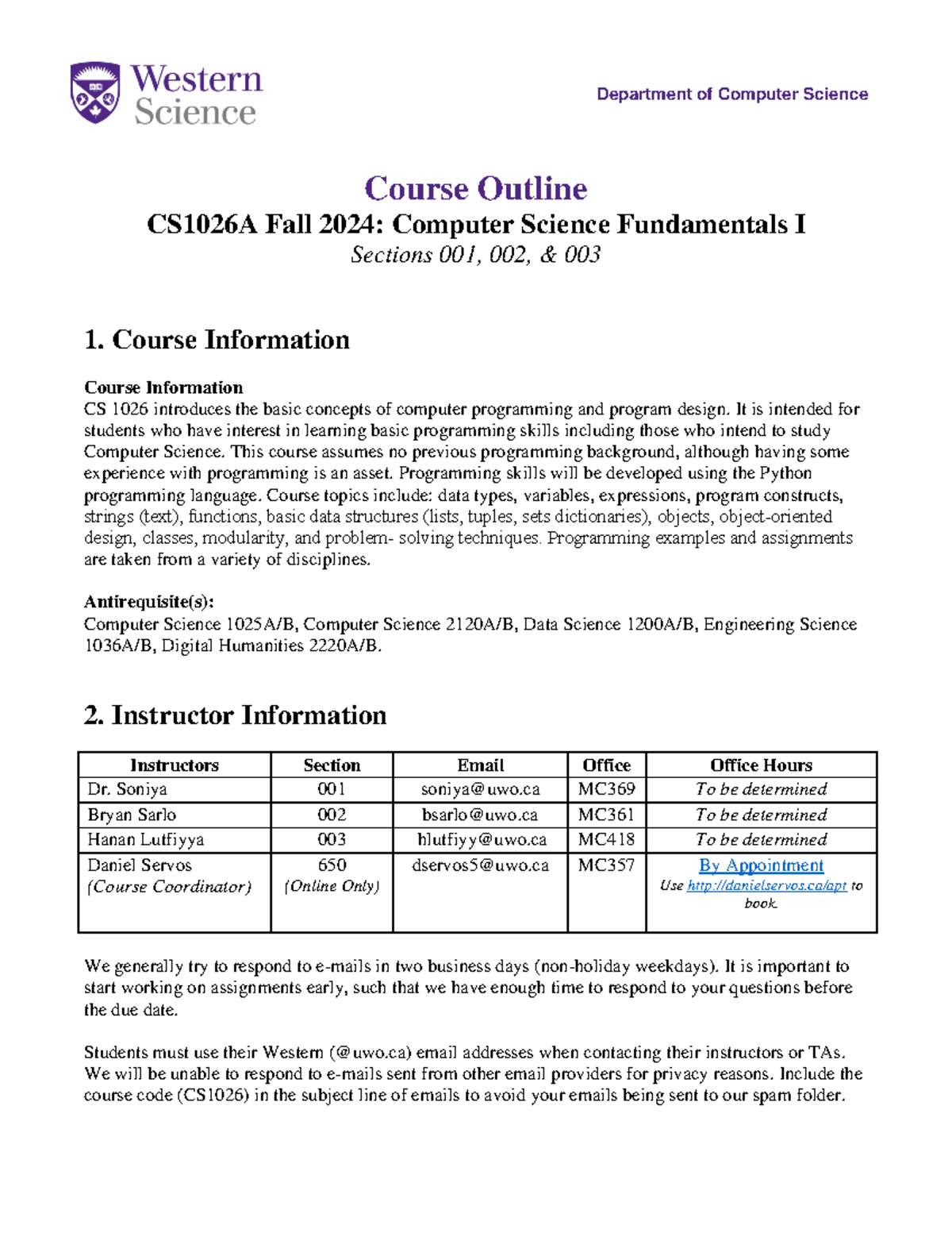 CS1026A Course Outline Fall 2024 In-Person Sections v2 - Department of ...