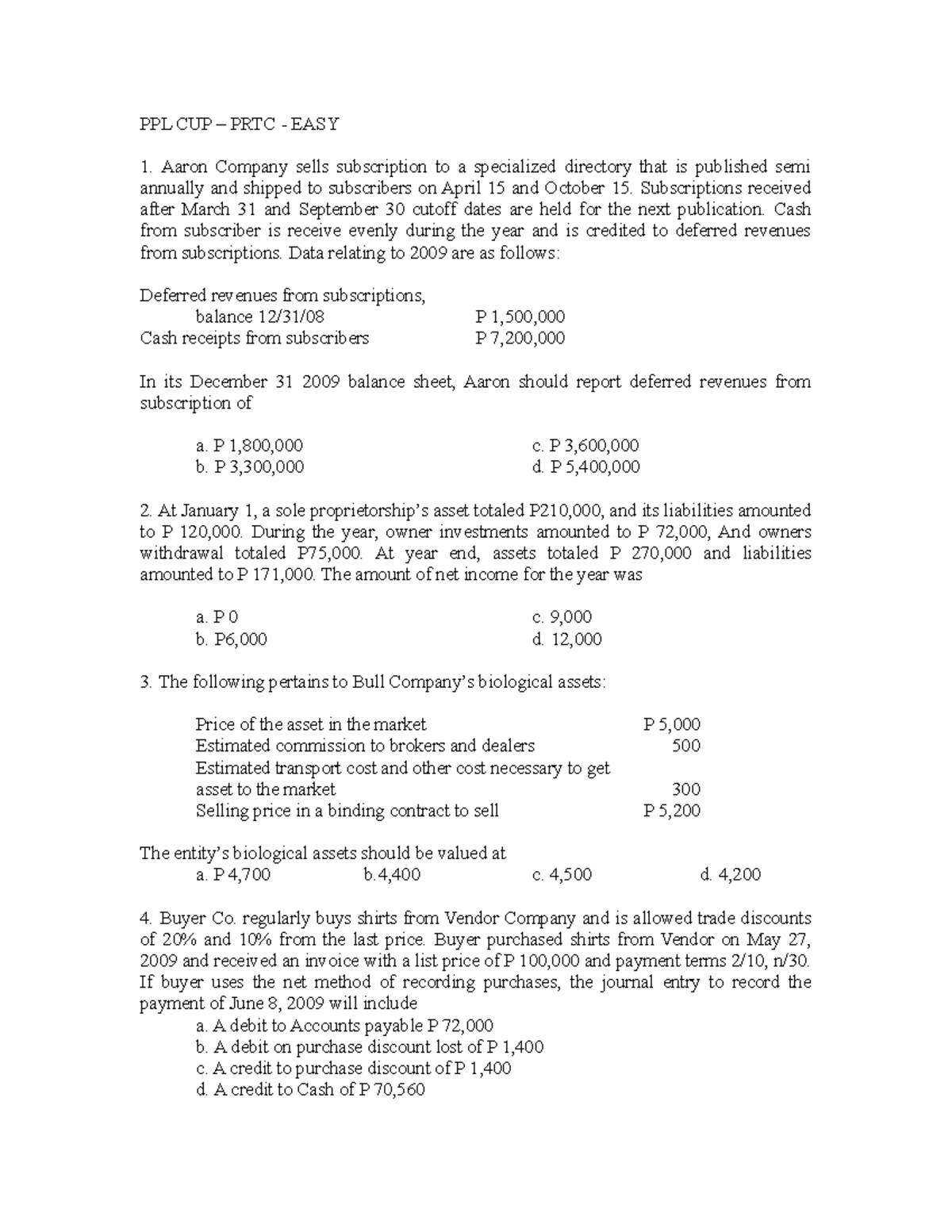 Ppl-cup-easy - homework - PPL CUP – PRTC - EASY Aaron Company sells ...