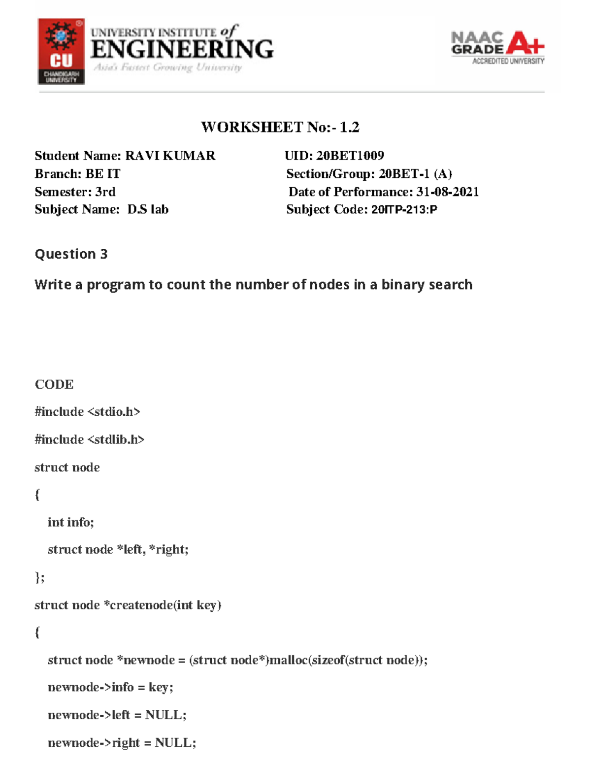 Worksheet 1.2 Qn 3 - Data Structure lab practical - WORKSHEET No:- 1 ...