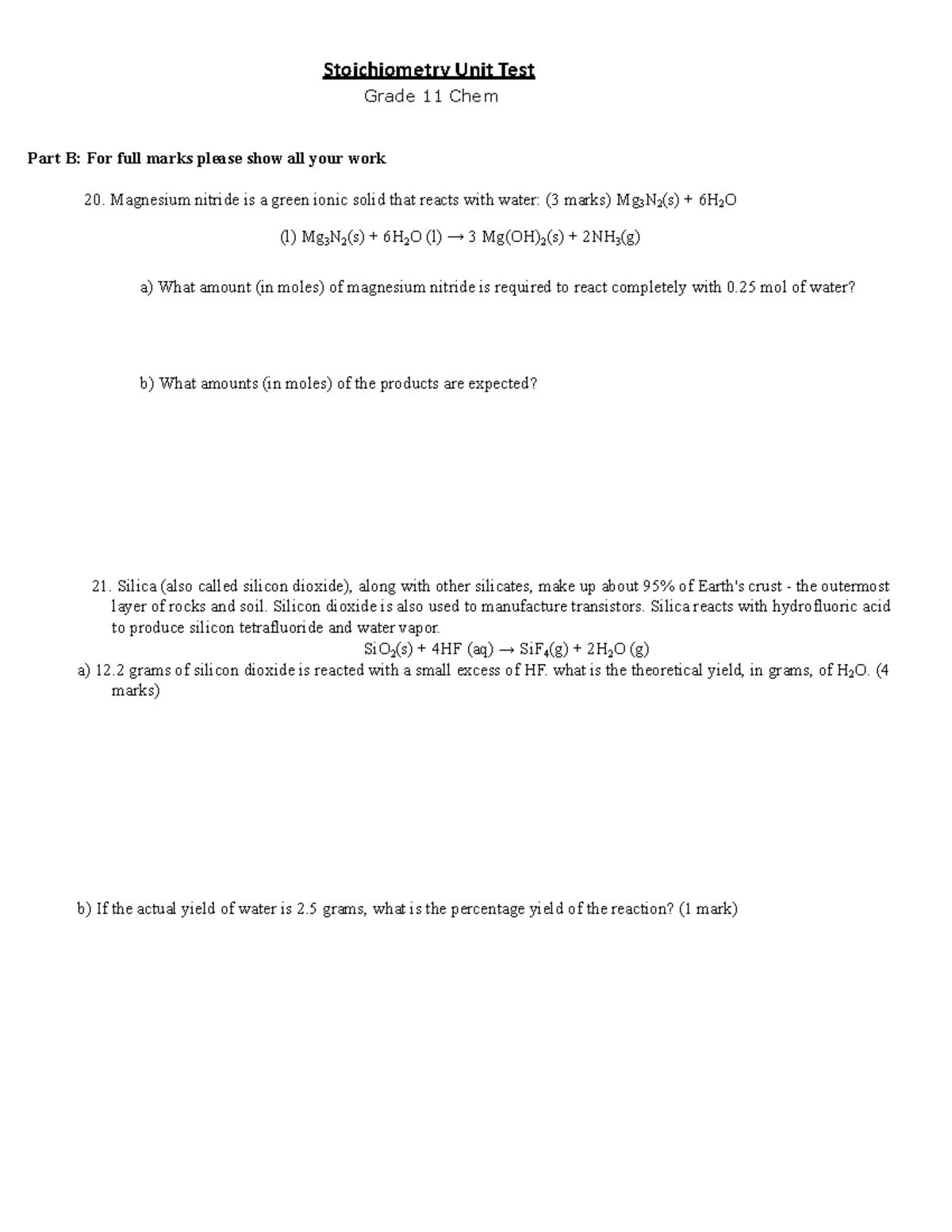 Unit 3b Test Stoichiometry - Stoichiometry Unit Test Grade 11 Chem Part ...