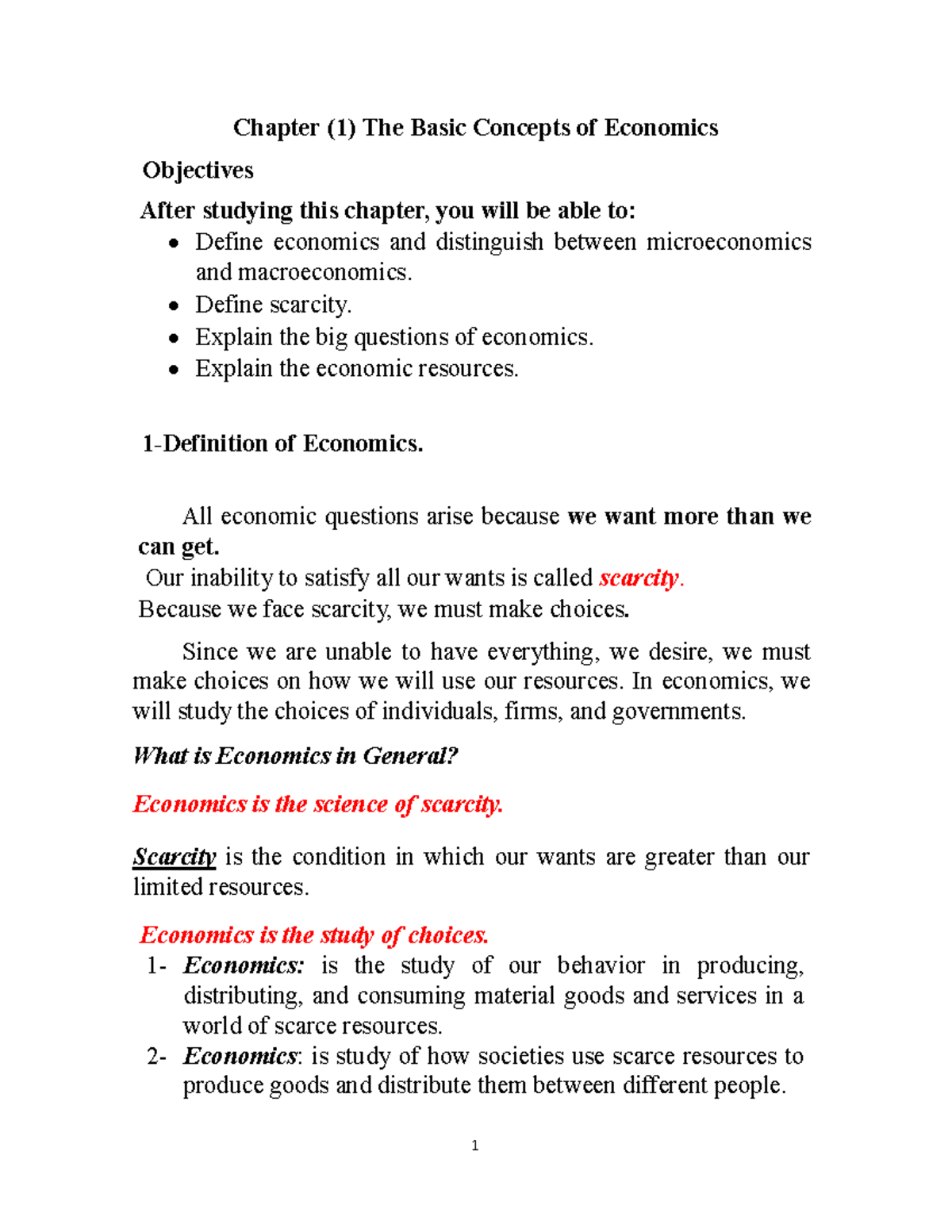 Lecture 1 - Chapter (1) The Basic Concepts of Economics Objectives ...