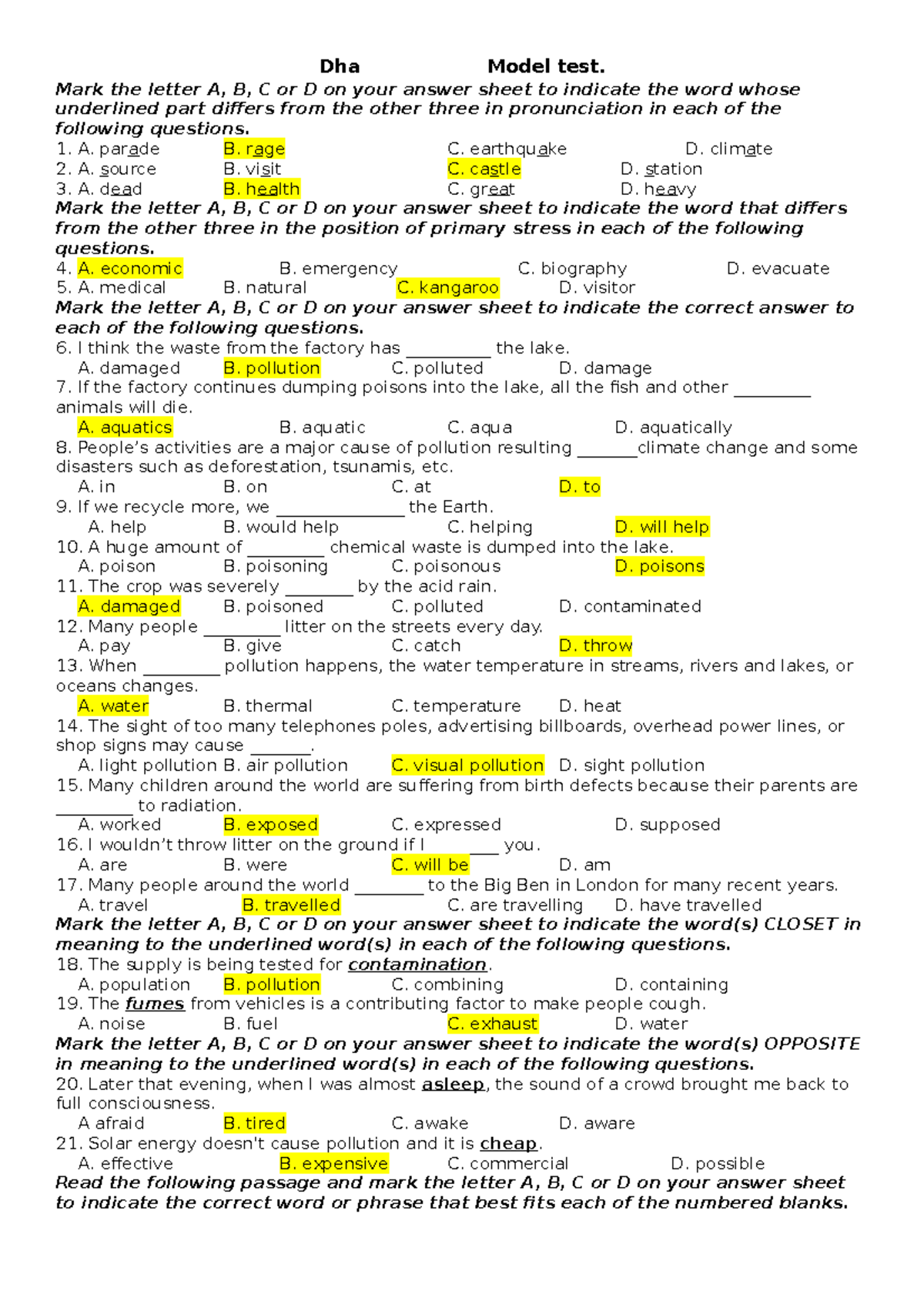 Model TEST giữa kì 2 - Entrance exam for high school students - Dha ...