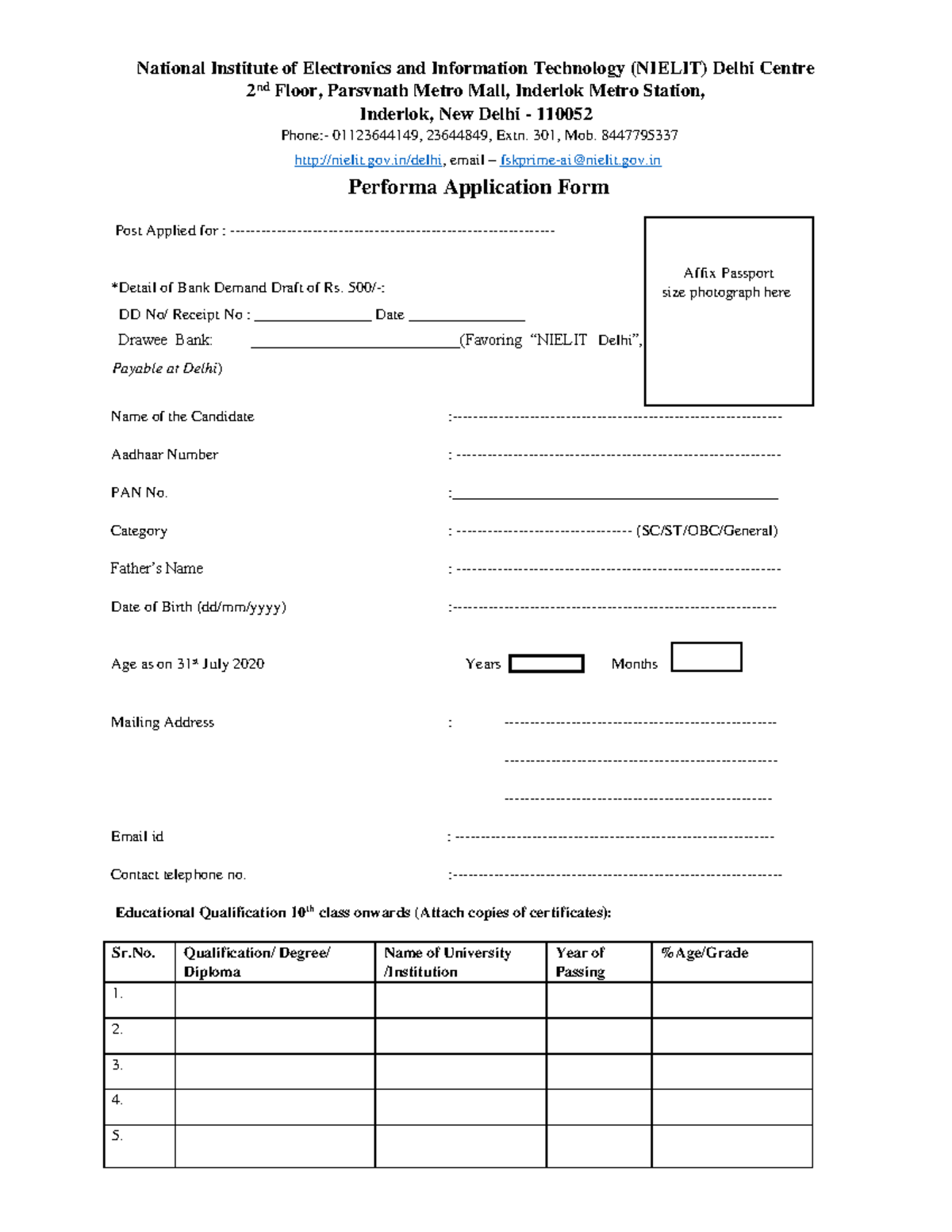 Nielit delhi consultant project engineer mts posts application form ...