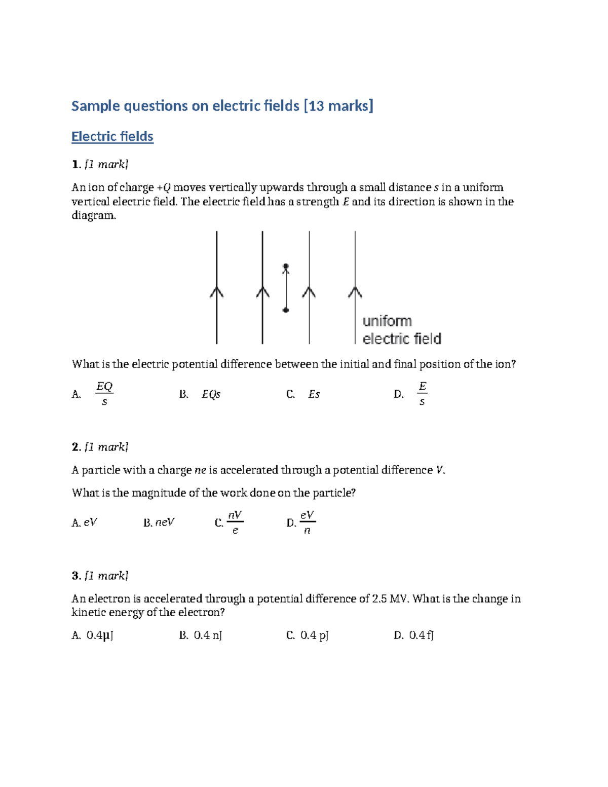 Sample+questions+on+electric+fields - Sample questions on electric ...