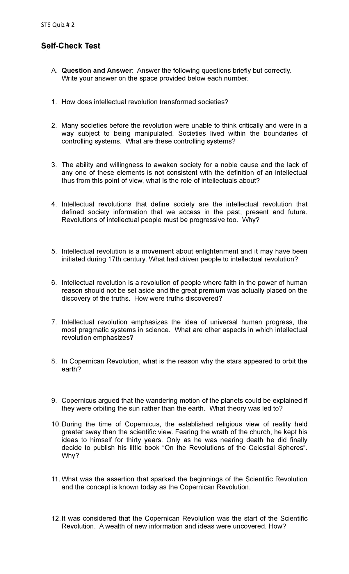 STS Quiz # 2 - STS - Self-Check Test A. Question and Answer: Answer the ...