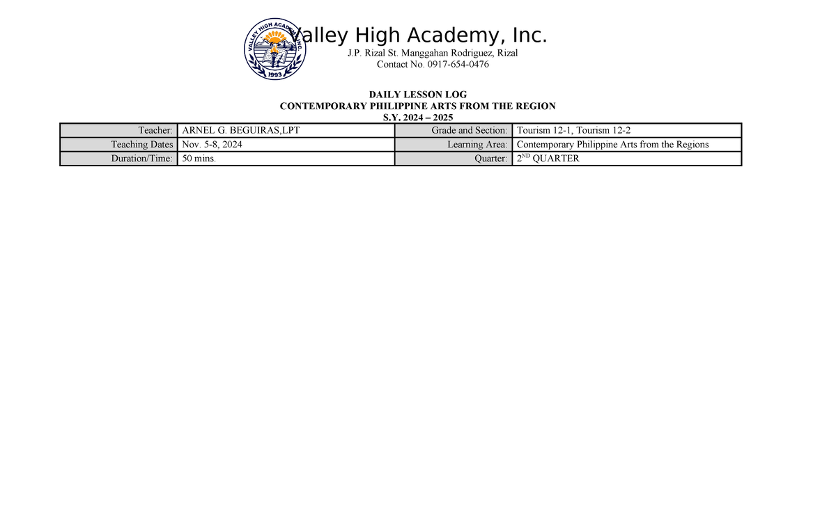 CPAR WEEK 13 - lesson plan - Valley High Academy, Inc. J. Rizal St ...