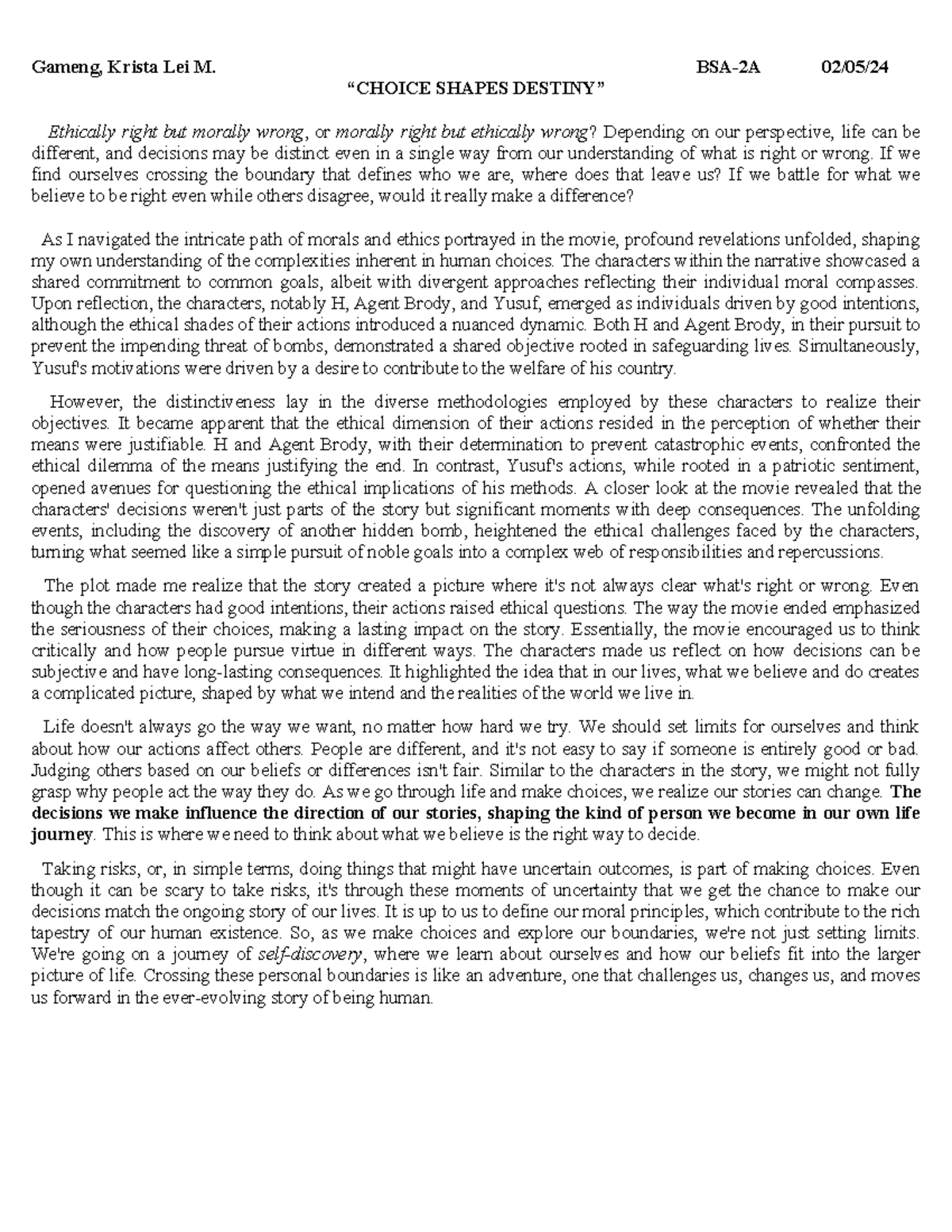 Ethics - Unthinkable Reflection - Gameng, Krista Lei M. BSA-2A 02/05 ...