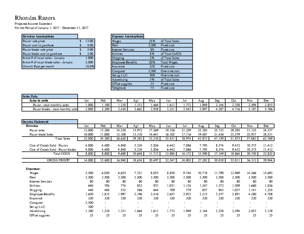 Razor blade income assignment - Rhondas Razors Projected Income ...