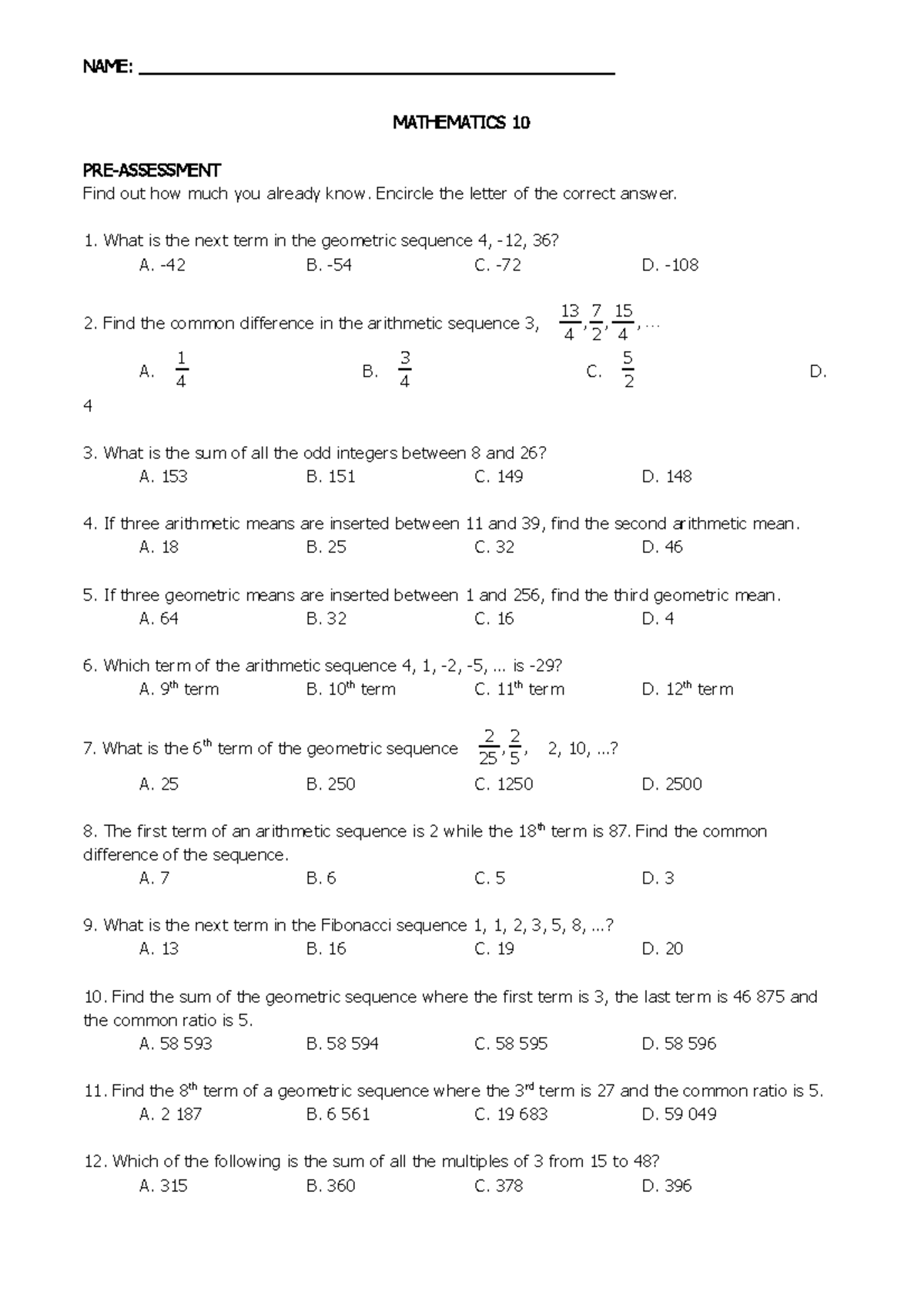 PRETEST MATHEMATICS 10 - DEPARTMENT OF EDUCATION - NAME: - Studocu
