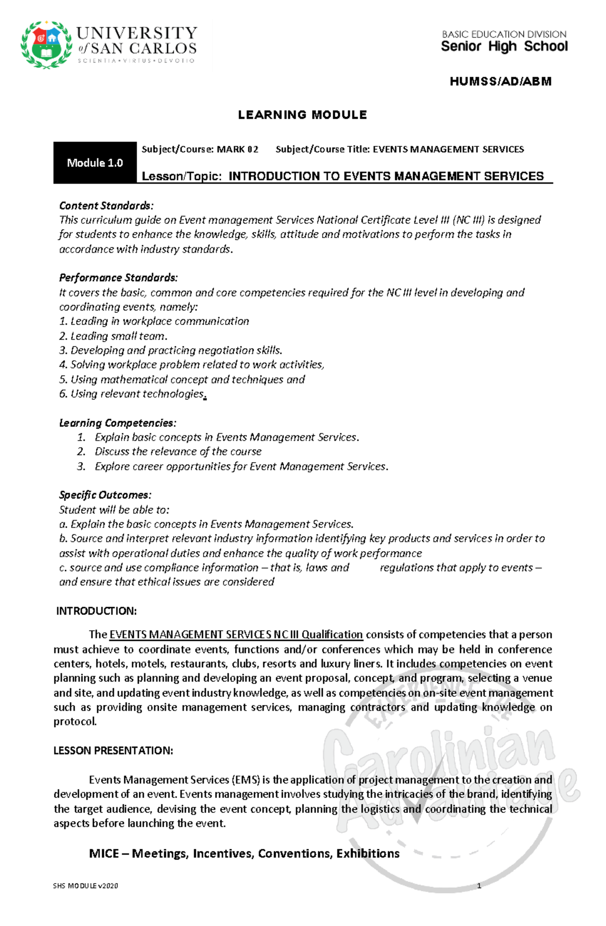 Module 1.0 EMS - Assignment - SHS MODULE v2020 1 HUMSS/AD/ABM LEARNING ...