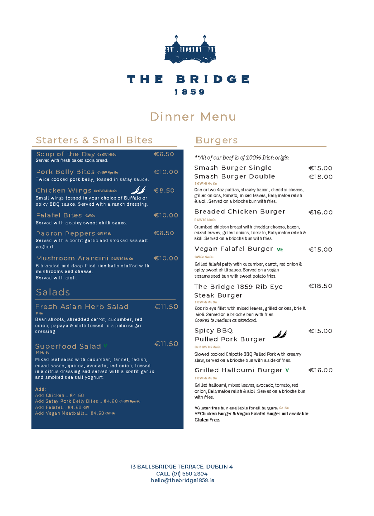 The Bridge 1859 Dinner Menu May 2023 - 13 BALLSBRIDGE TERRACE, DUBLIN 4 ...