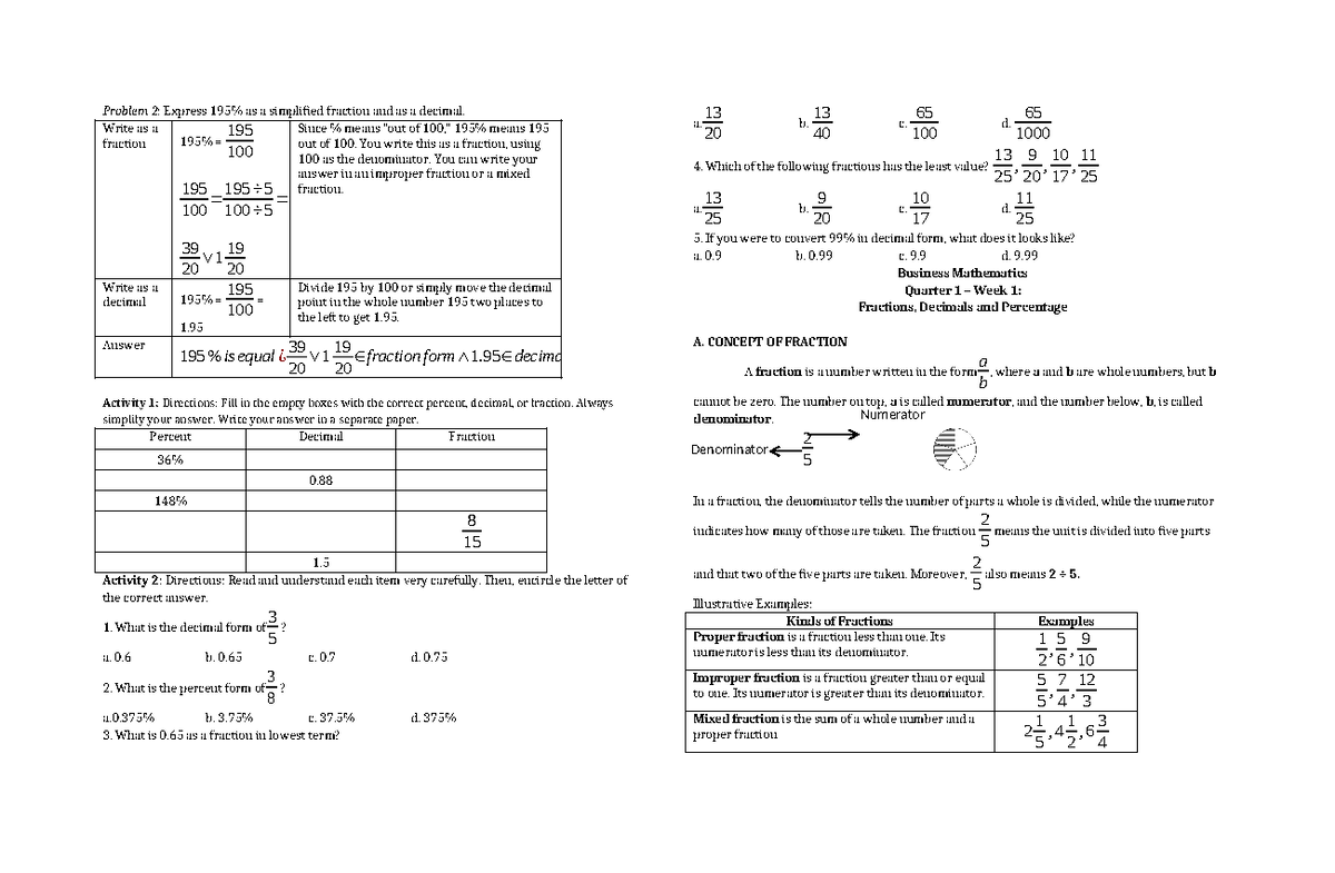 Business Math Q1W1 - n/a - Numerator Denominator Problem 2: Express 195 ...