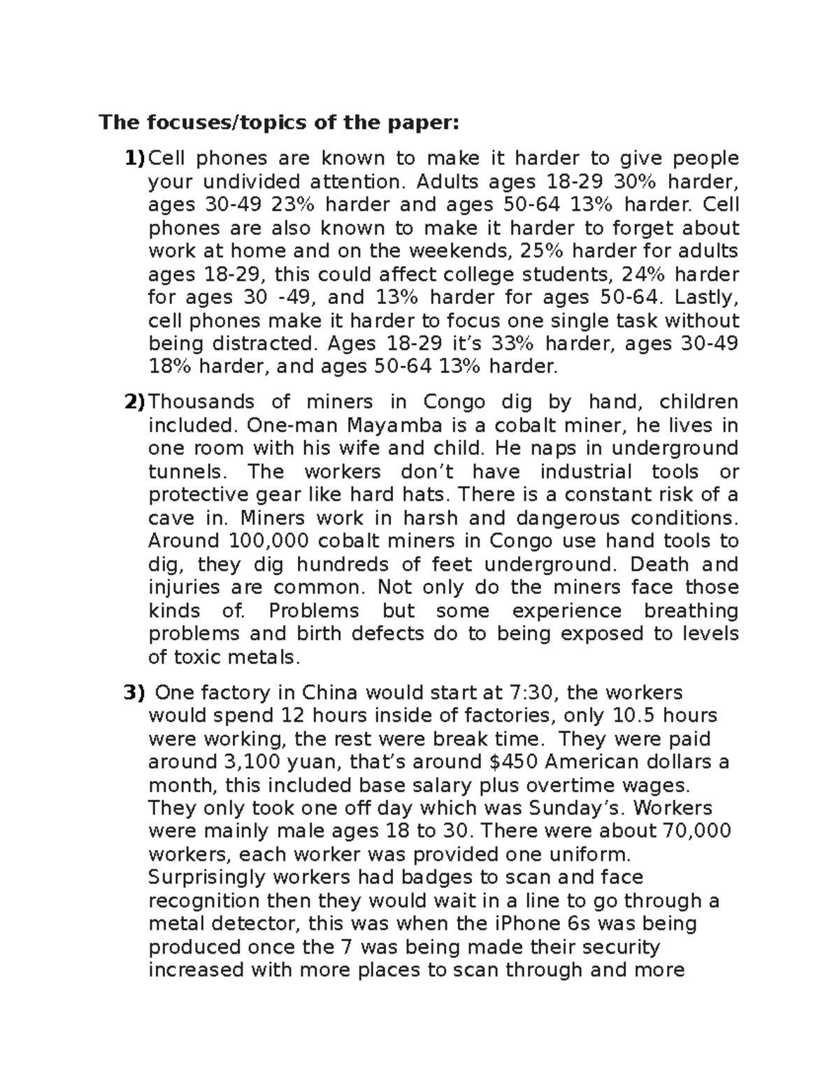 Assignment 7- soc 100 - The focuses/topics of the paper: 1) Cell phones ...