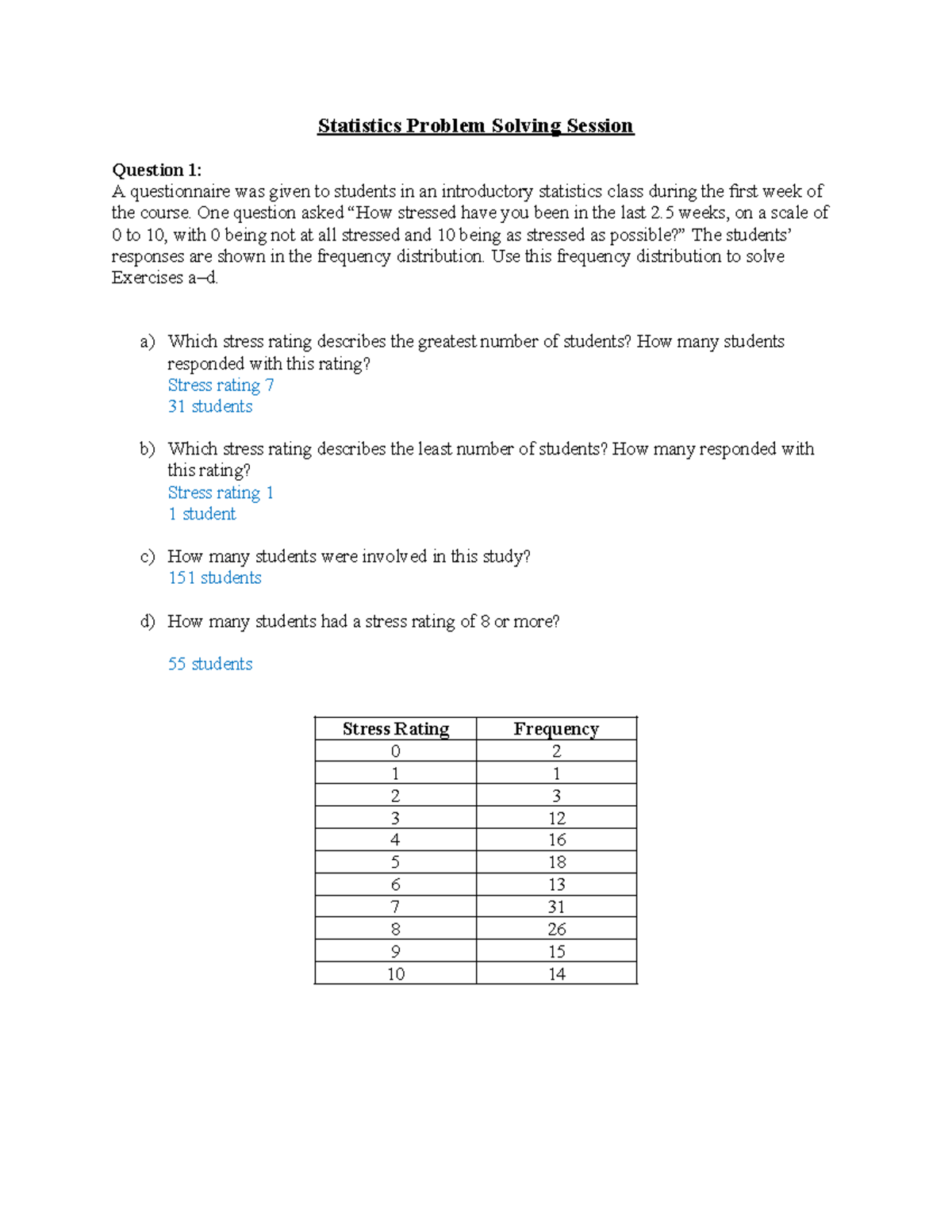 Statistics Questions Final Answers - Statistics Problem Solving Session Question 1: A ...