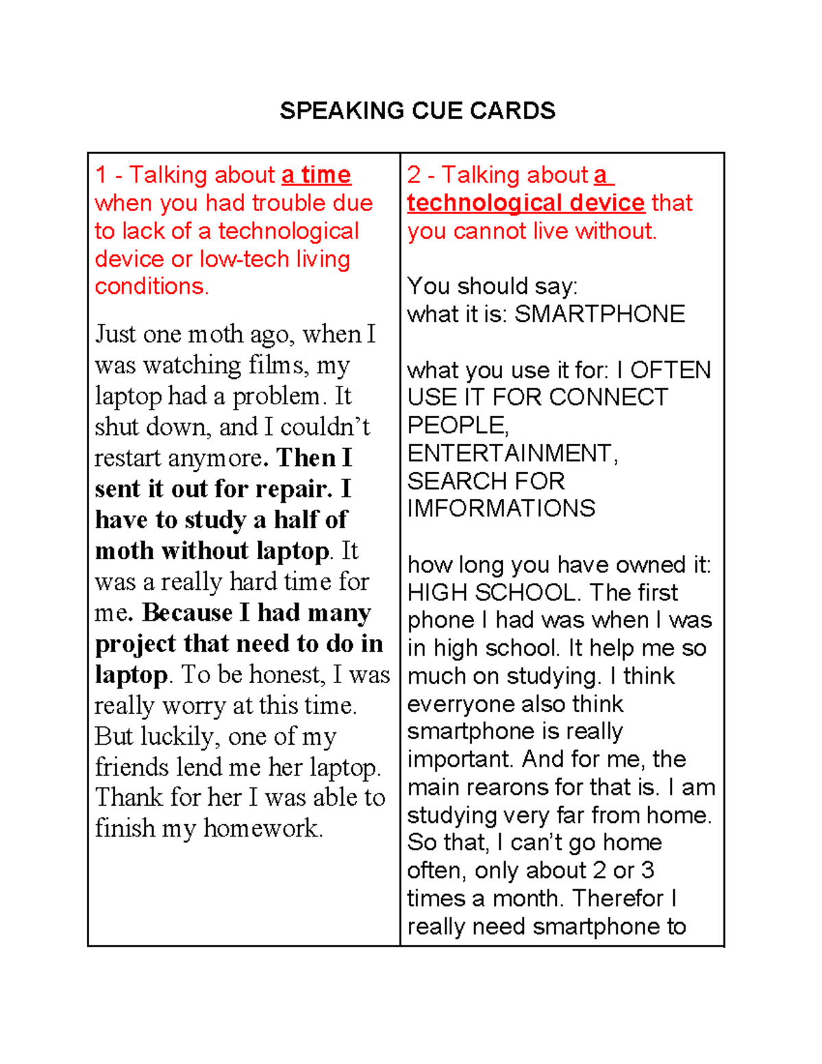 Speaking-CUE- Cards - english - SPEAKING CUE CARDS 1 - Talking about a ...