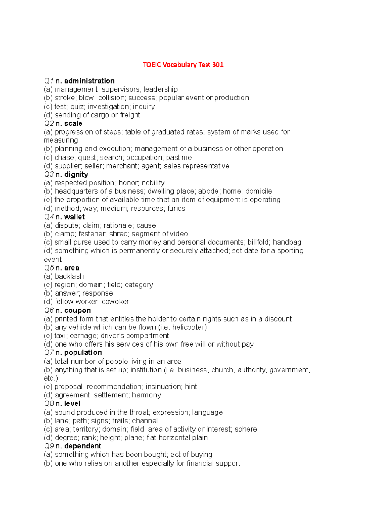 Toeic Vocabulary Test 301-315 - TOEIC Vocabulary Test 301 Q1 n ...