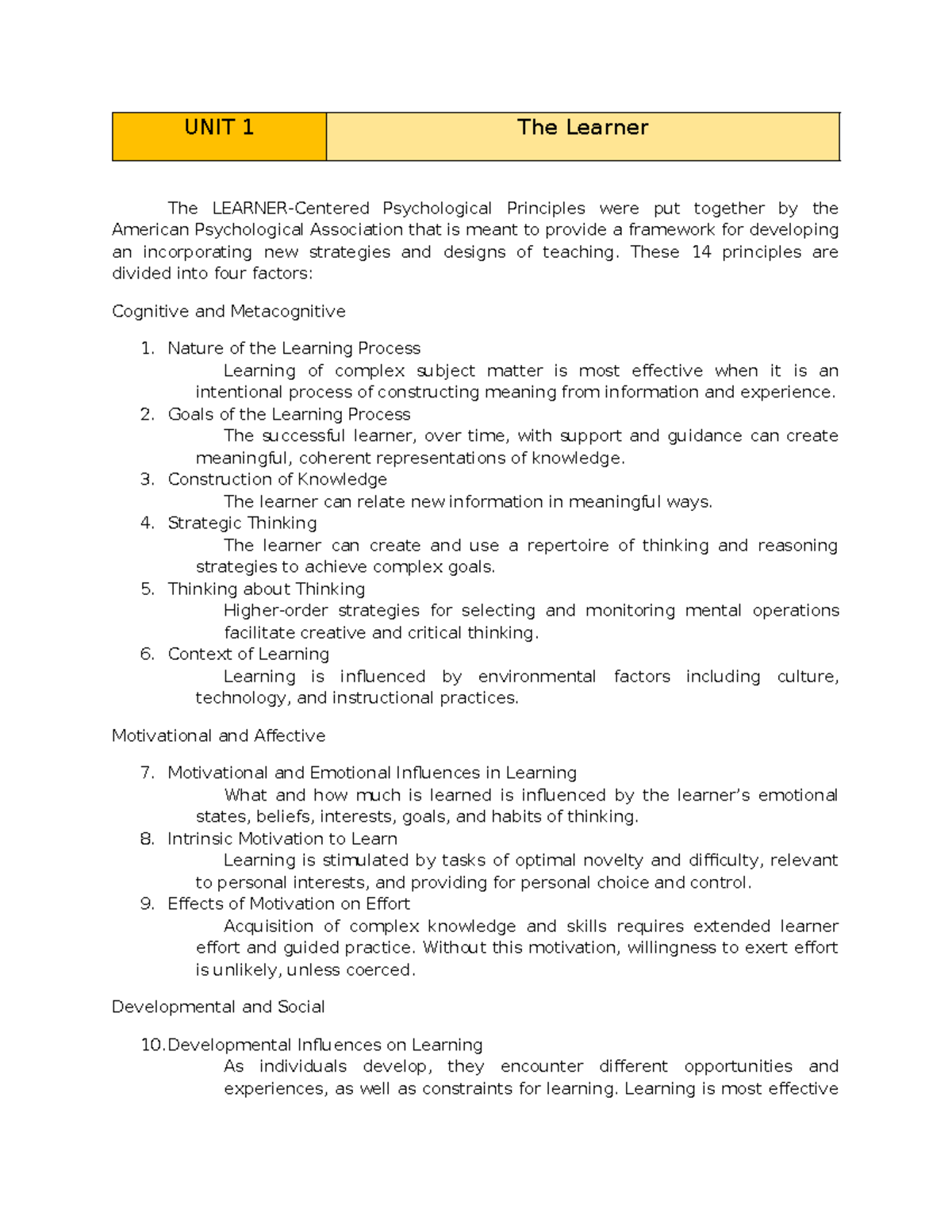 TEP 2 UNIT 1 - not available - UNIT 1 The Learner The LEARNER-Centered Psychological Principles ...