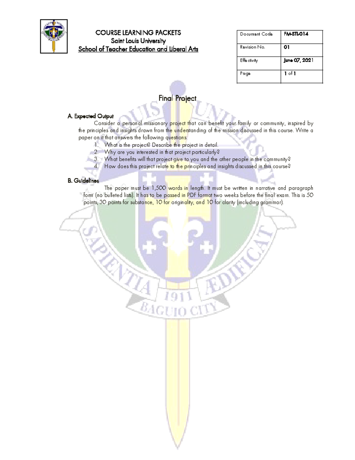 CFE 103 Final Requirement - COURSE LEARNING PACKETS Document Code FM ...