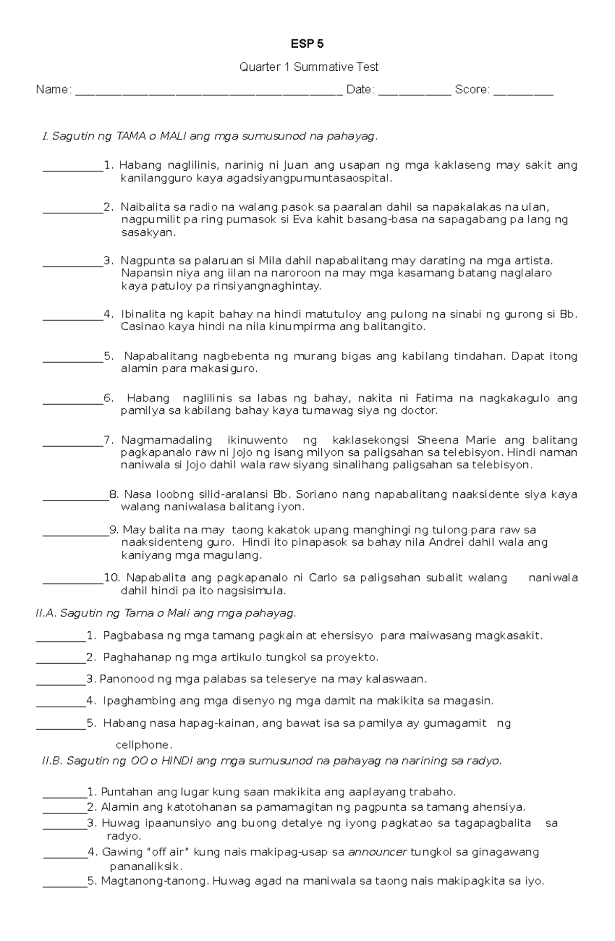 Activity sheet -ESP-5- Summative Test - ESP 5 Quarter 1 Summative Test ...