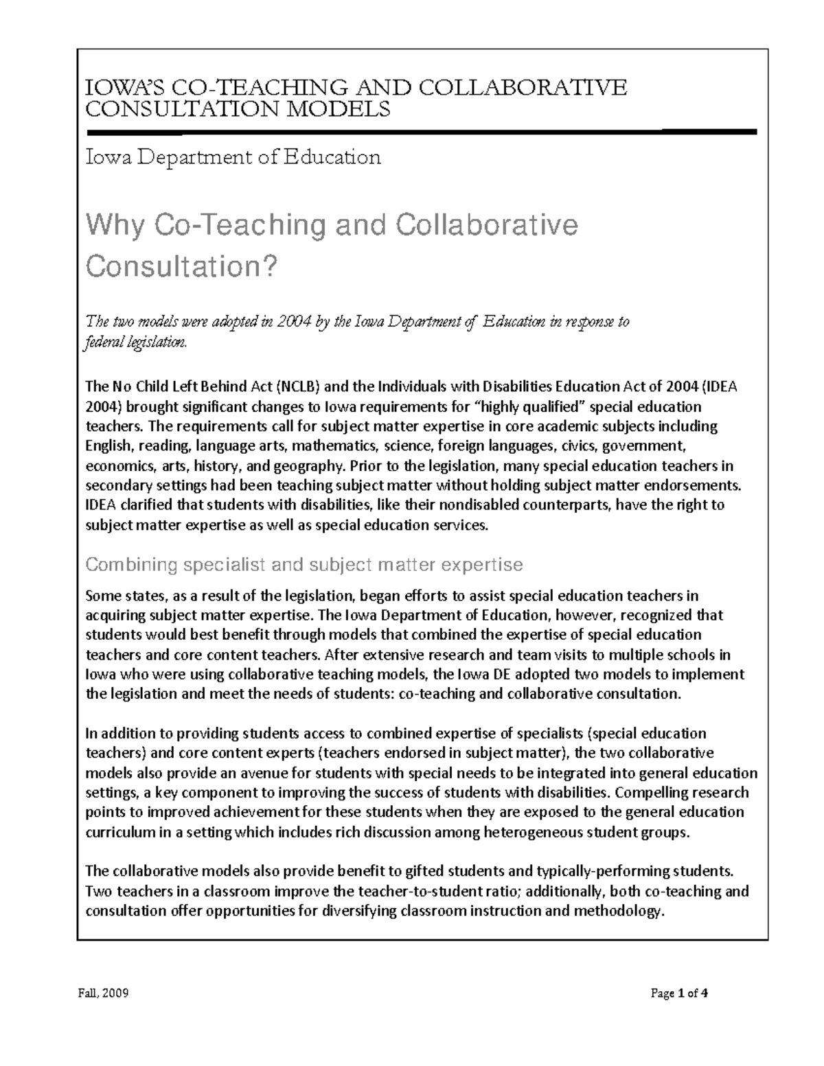 Co-teaching Collaborative Consultation Models - IOWA’S CO-TEACHING AND ...
