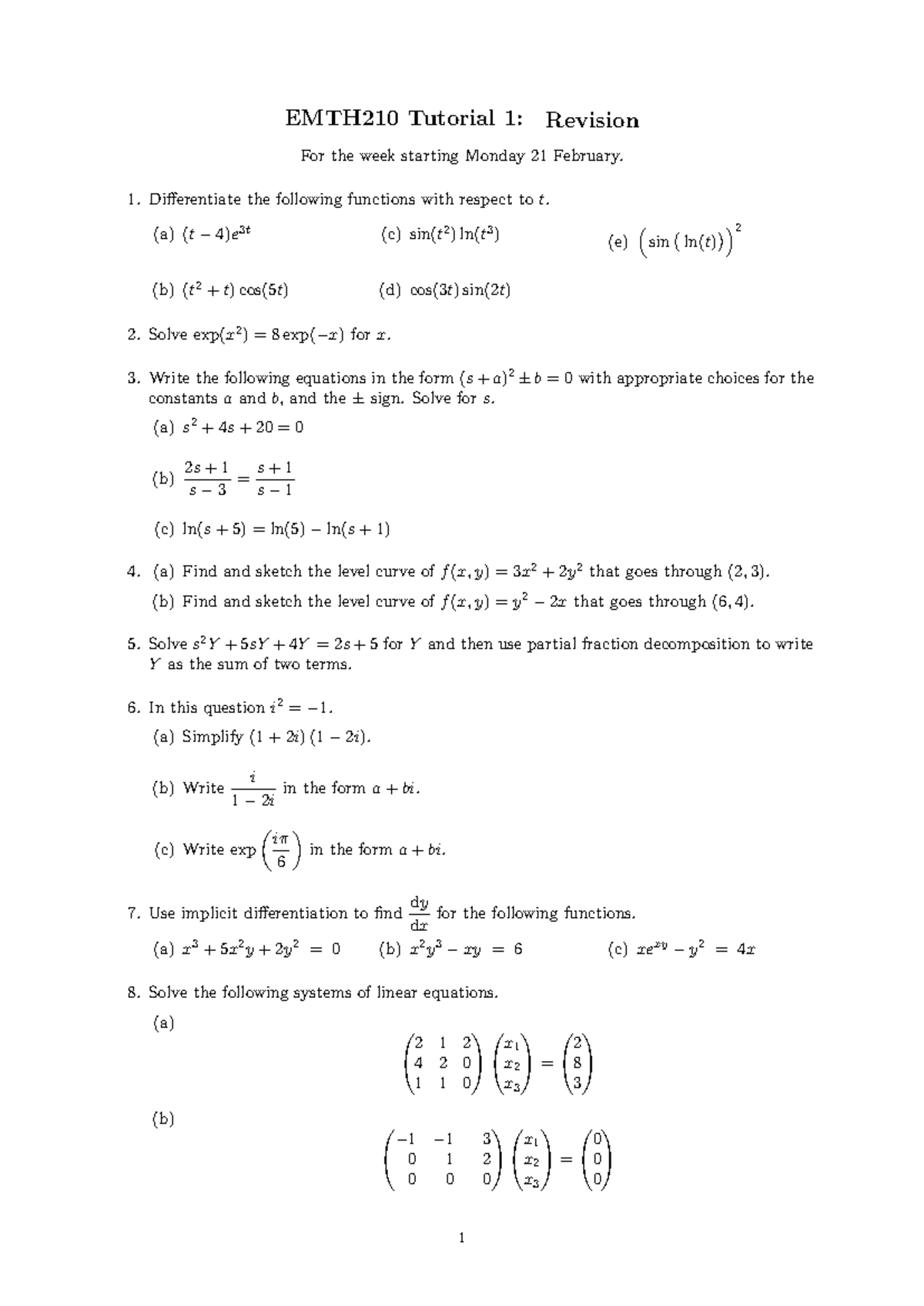 EMTH210 Tutorial 01 Questions - Revision - EMTH210 Tutorial 1: Revision For the week starting ...