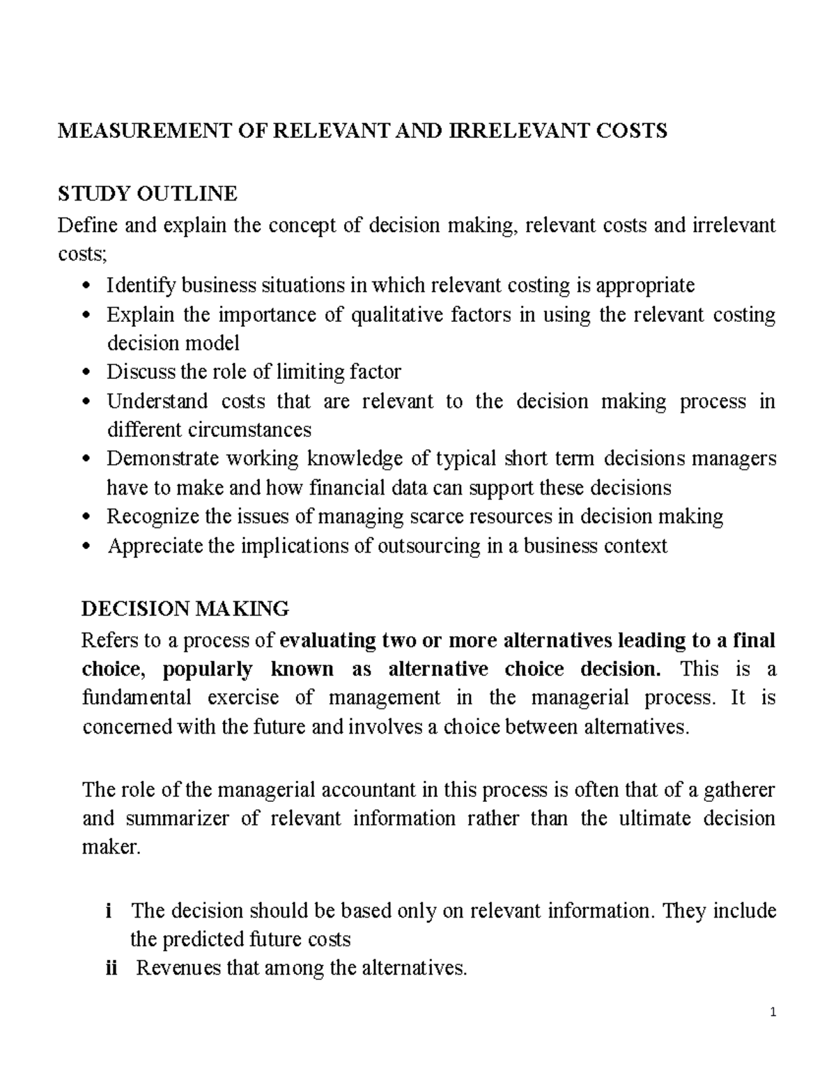 Chapter 10 Relevant AND Irrelevant Costs - MEASUREMENT OF RELEVANT AND ...