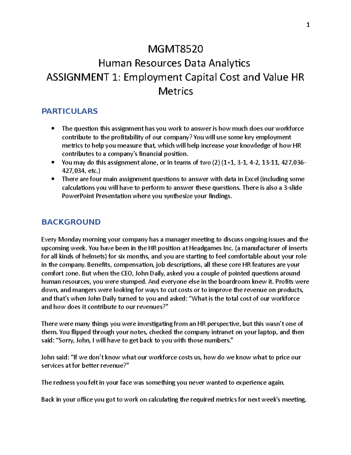 MGMT8250 - Assignment 1 Actual 1 - MGMT Human Resources Data Analytics ASSIGNMENT 1: Employment ...