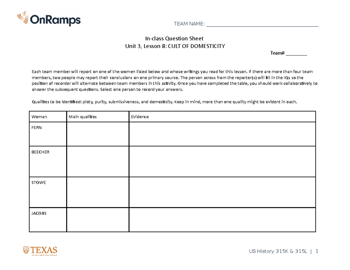 IQ+315K+U3L8 - IQ assignment - In-class Question Sheet Unit 3, Lesson 8 ...