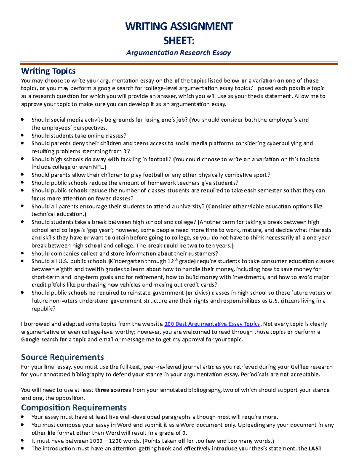 English 1101 Argumentation Essay Assignment Sheet 1 Master Course ...