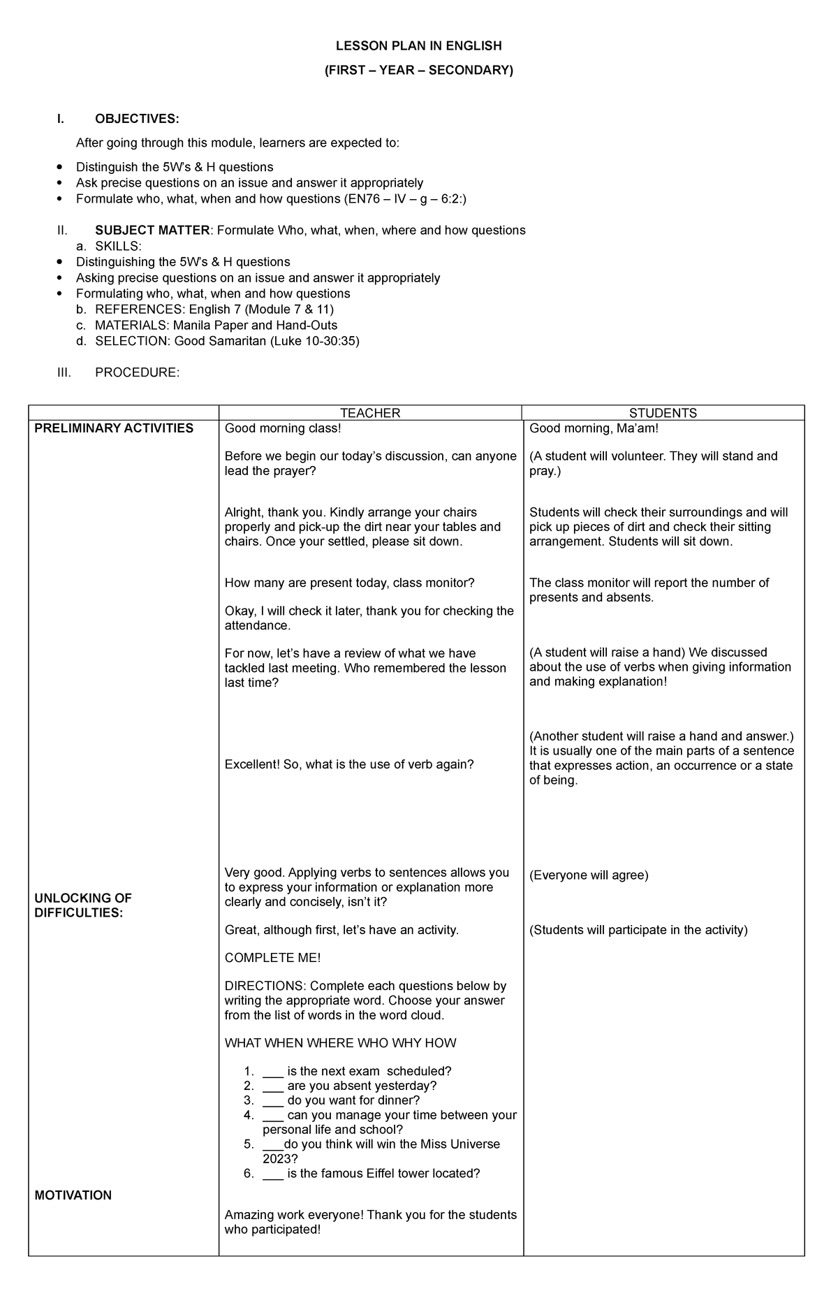 Lesson PLAN IN WH Questions by Sampaguita Anne Clerigo - LESSON PLAN IN ...