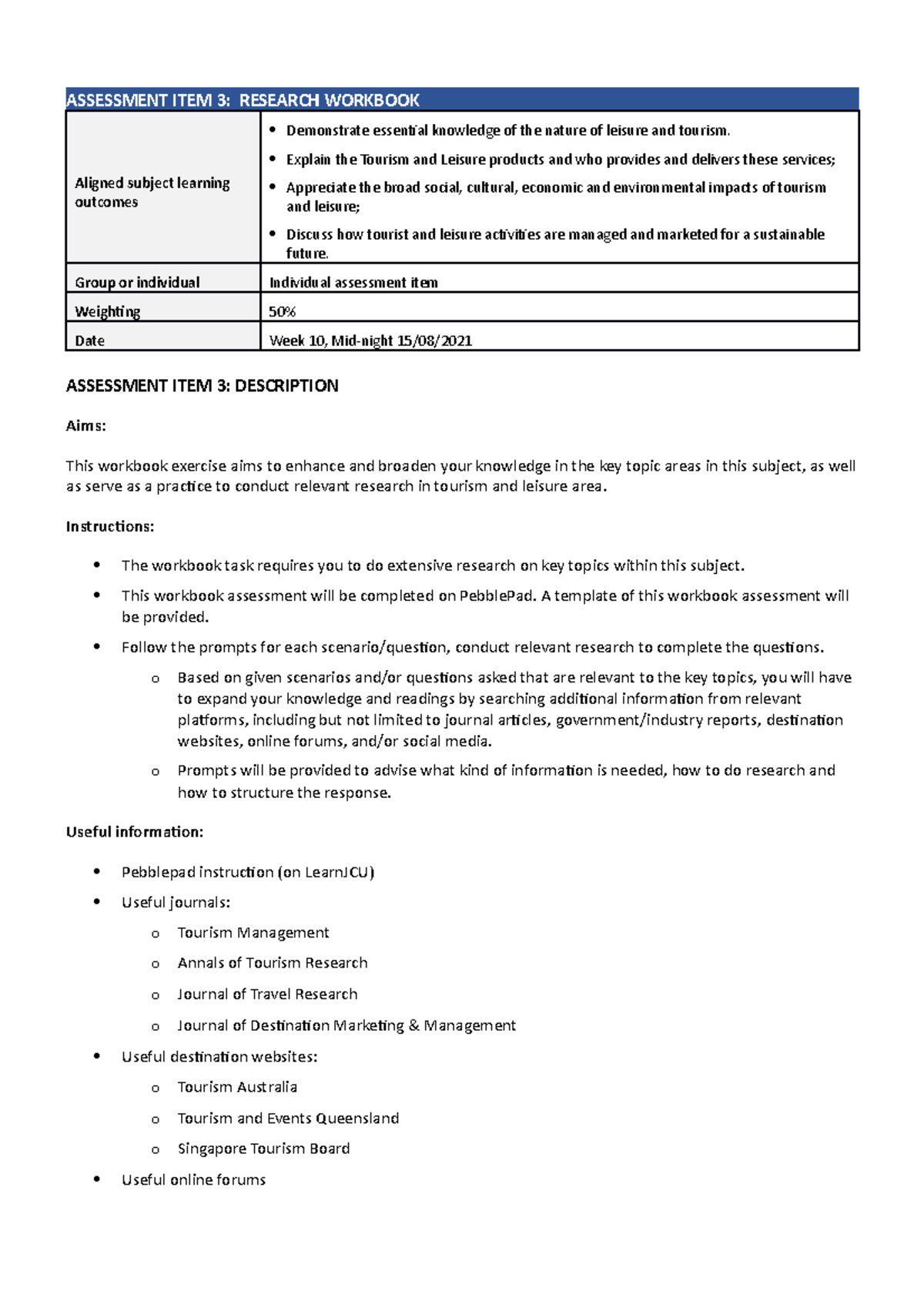 BX2091 Assessment 3 Workbook Handout (Rubric) - BX2091:03 - JCU - Studocu