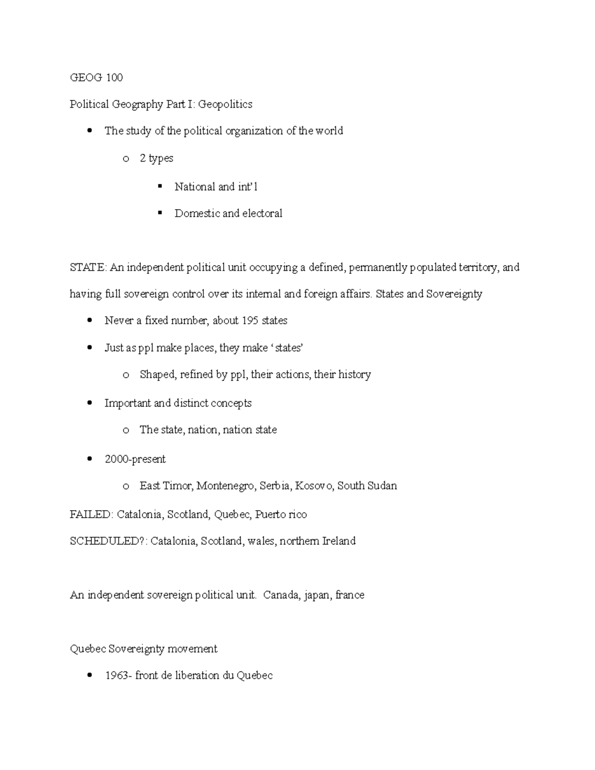 Geopolitics Lecture Notes - GEOG 100 Political Geography Part I ...