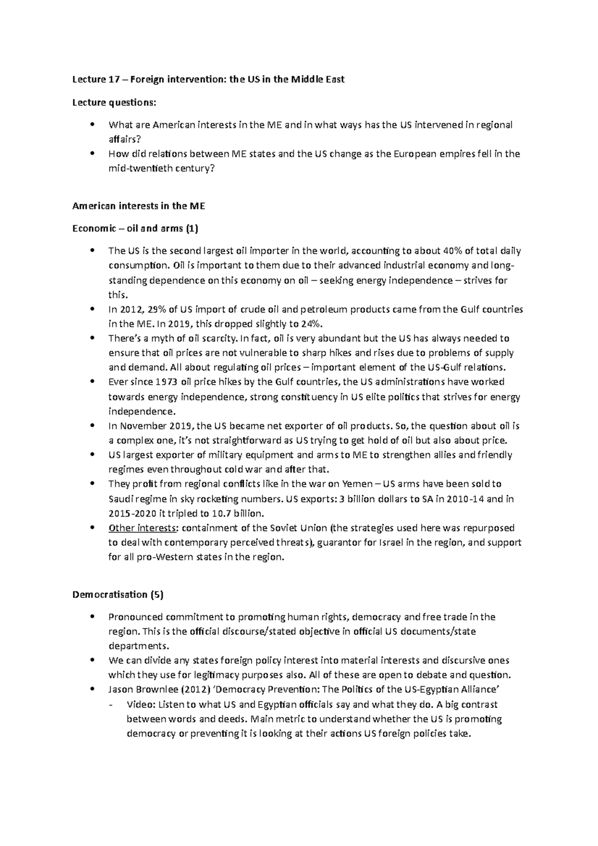 Lecture 17 - foreign intervention the US in the ME - Lecture 17 ...
