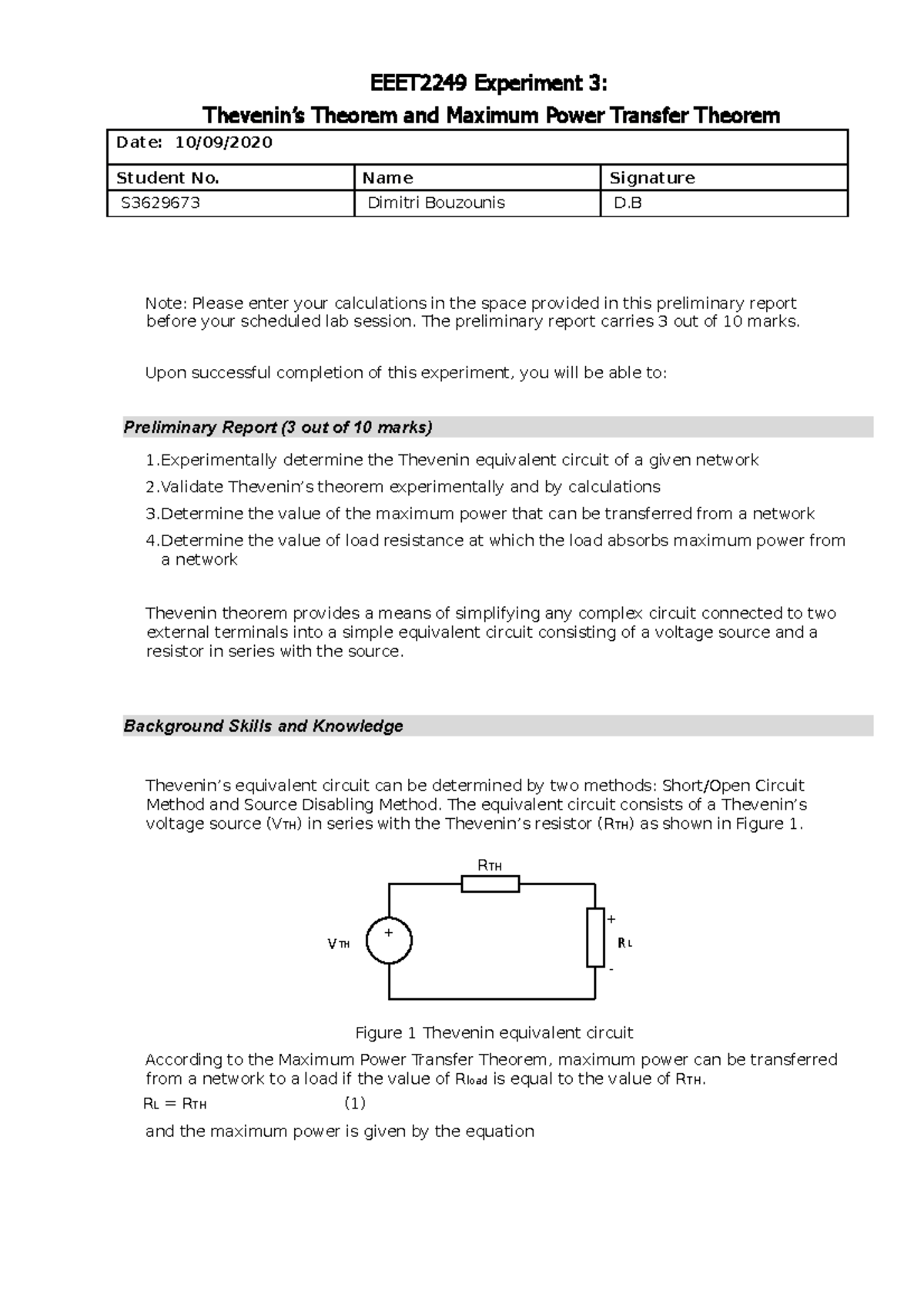 Dimitri Bouzounis LAB 3 prelim - EEET 2249 Experiment 3 : Thevenin’s ...