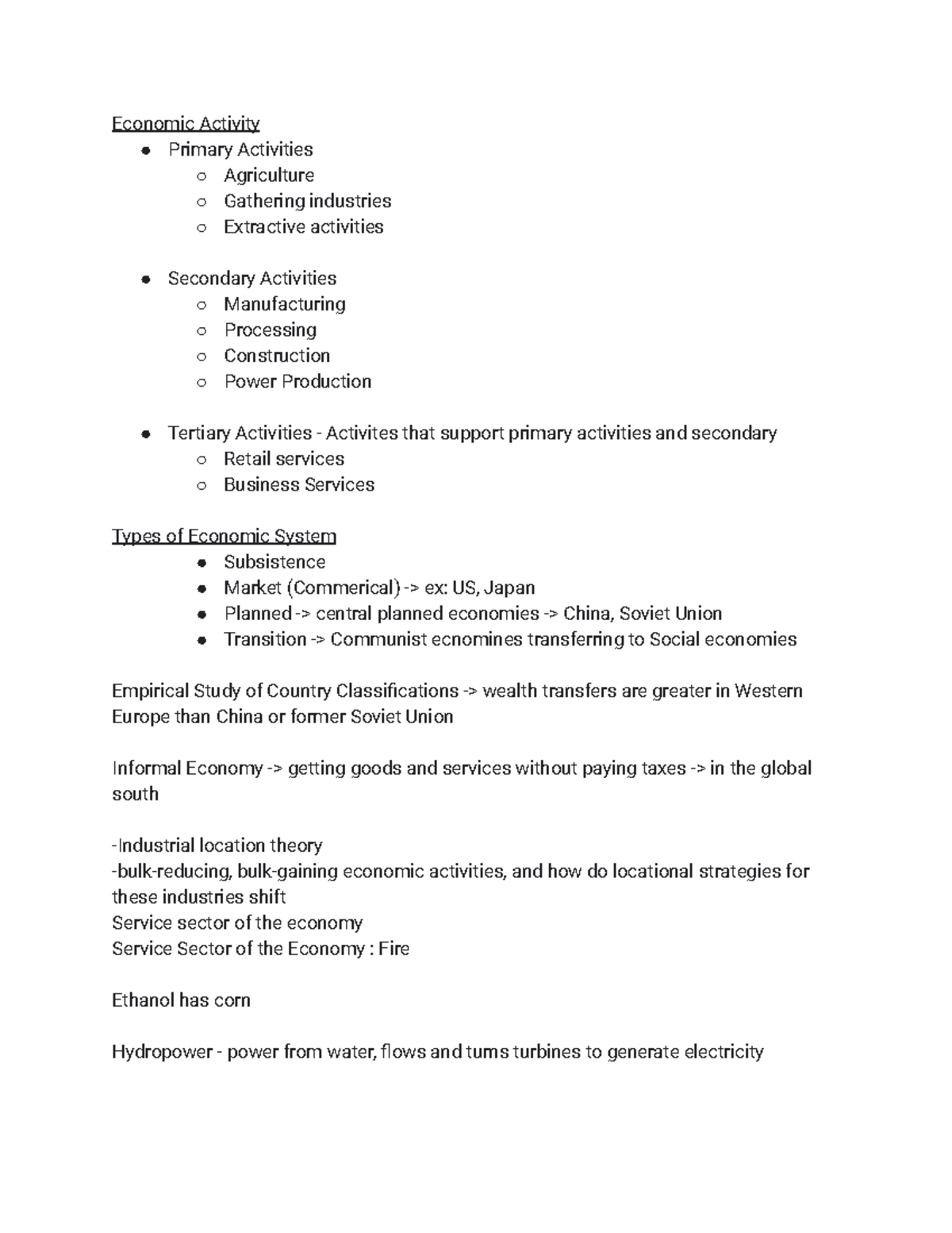 Notes geo - Economic Activity Primary Activities AgricultureGathering ...