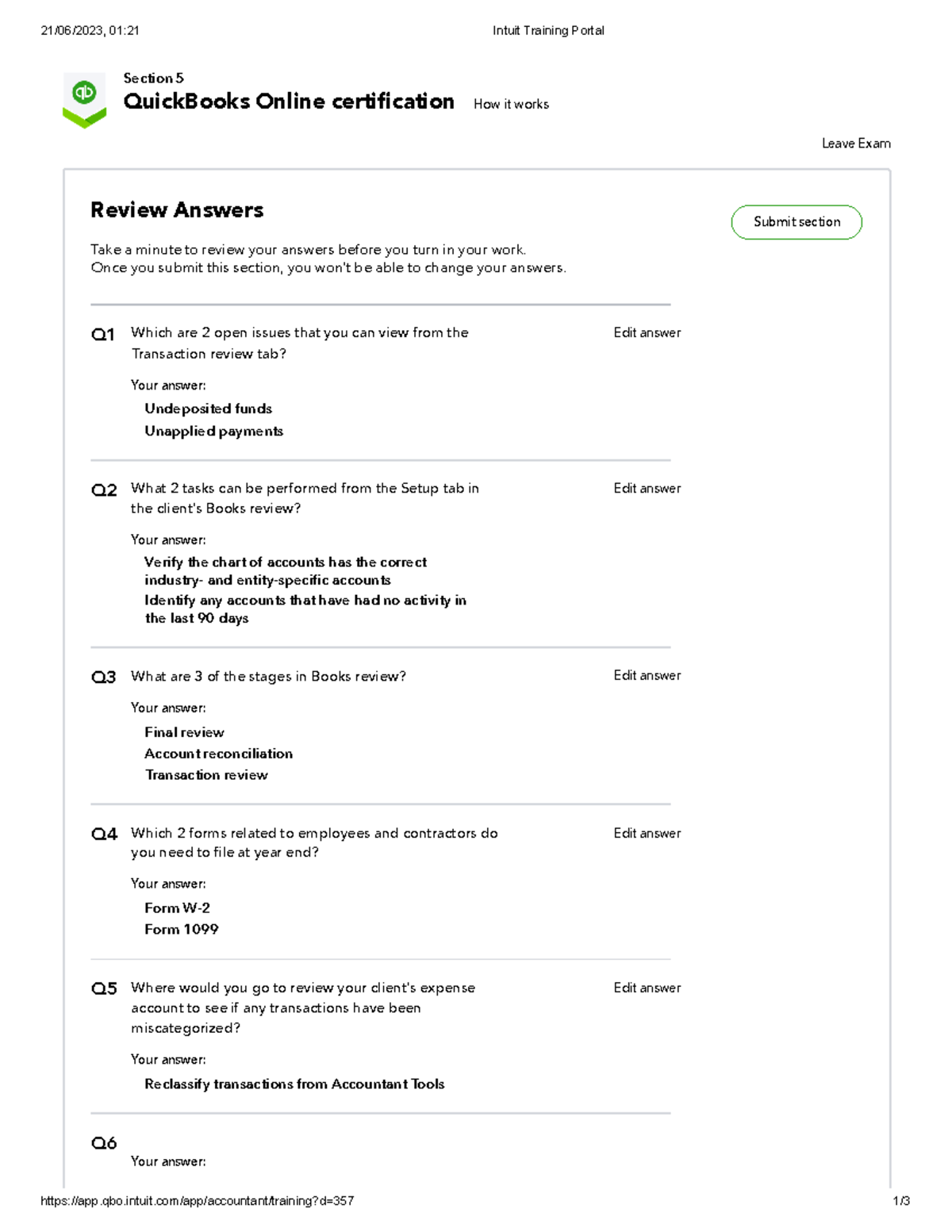 Section 5 of Pro Advisor Exam - 21/06/2023, 01:21 Intuit Training ...