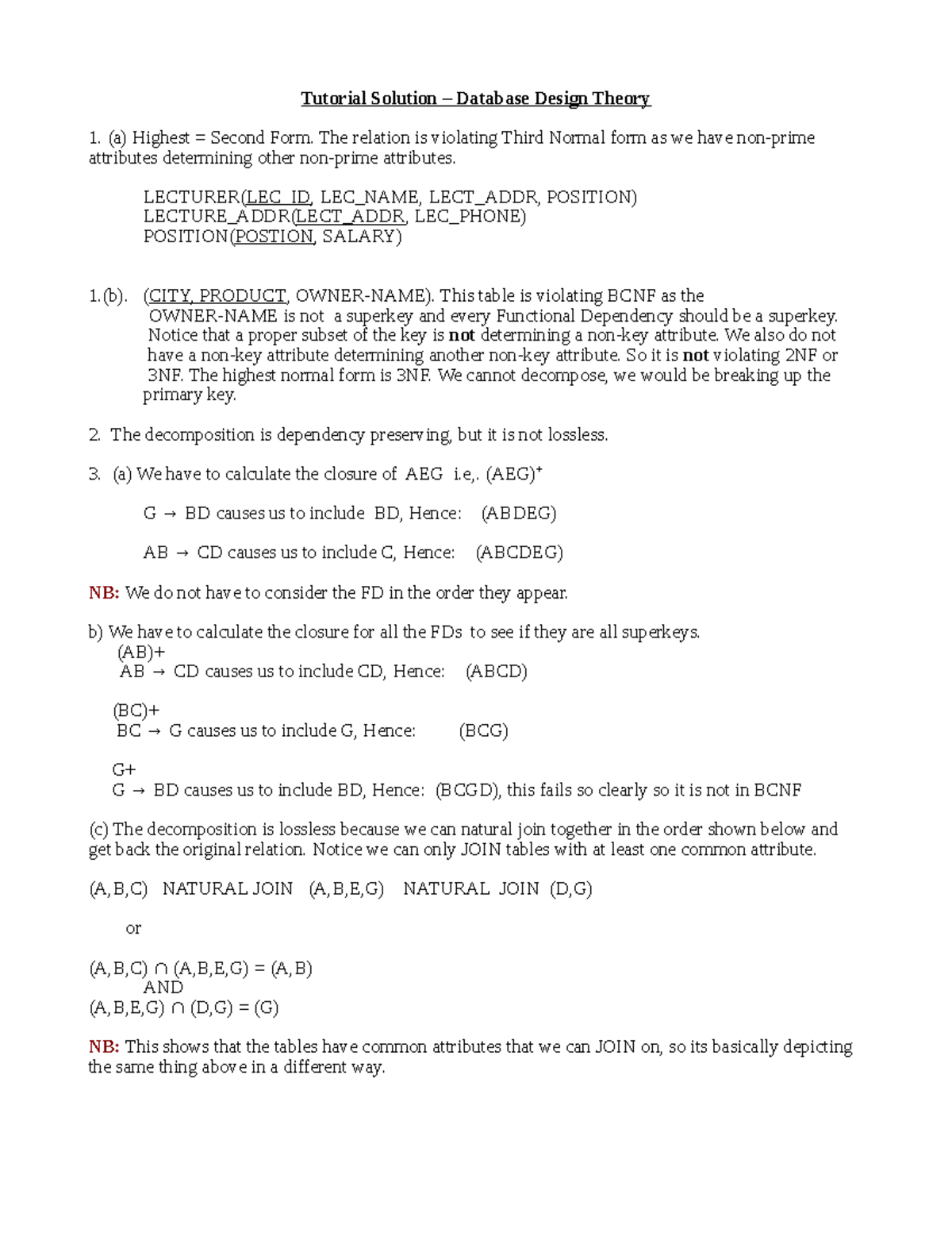Solution Normalizaton - Tutorial Solution – Database Design Theory (a ...
