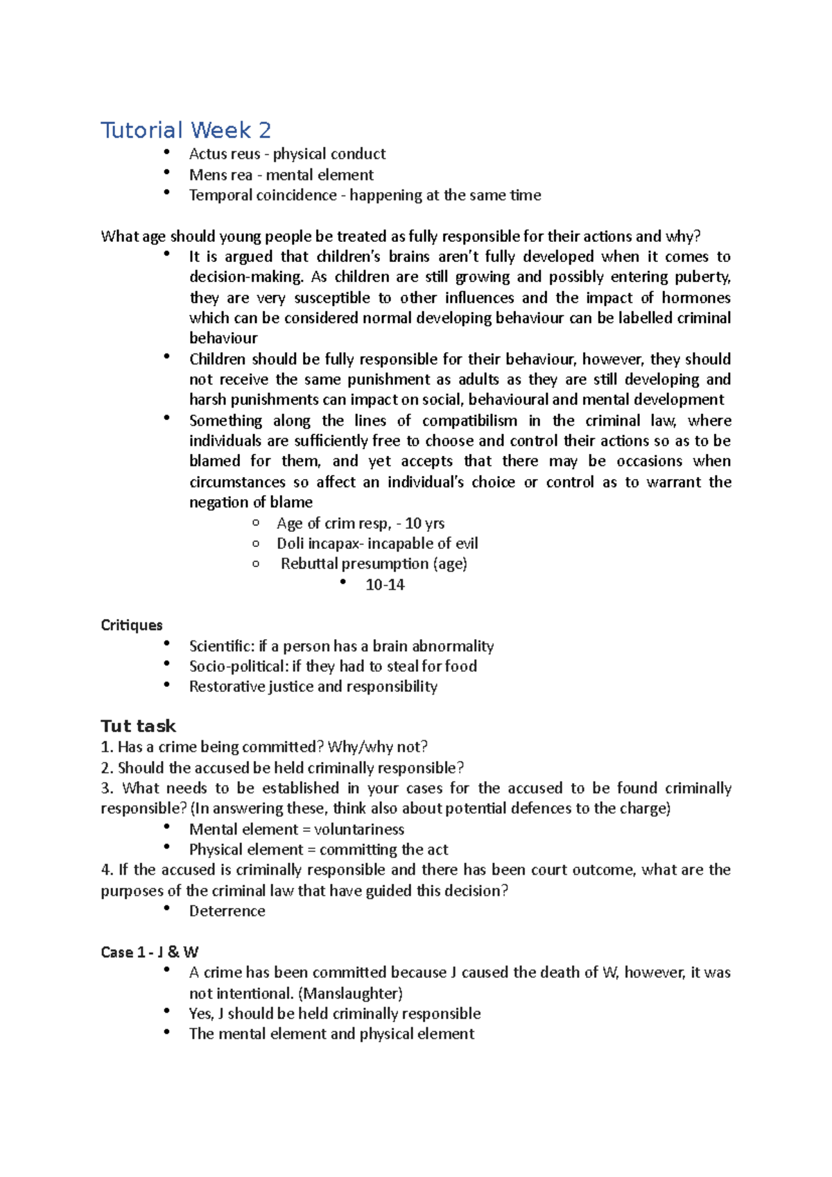 JSB176 TUT 2 - Tutorial - Tutorial Week 2 Actus reus - physical conduct Mens rea - mental - Studocu