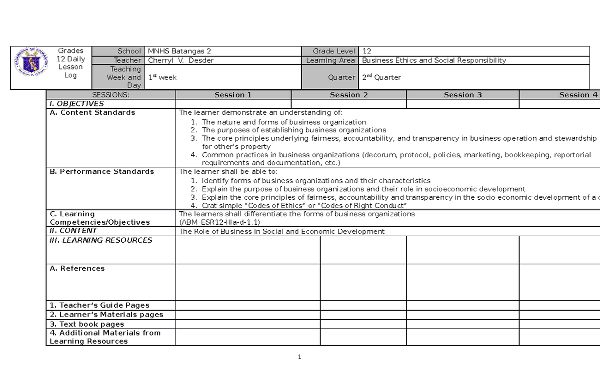 Business Ethics DLL Week 1 - Grades 12 Daily Lesson Log School MNHS ...