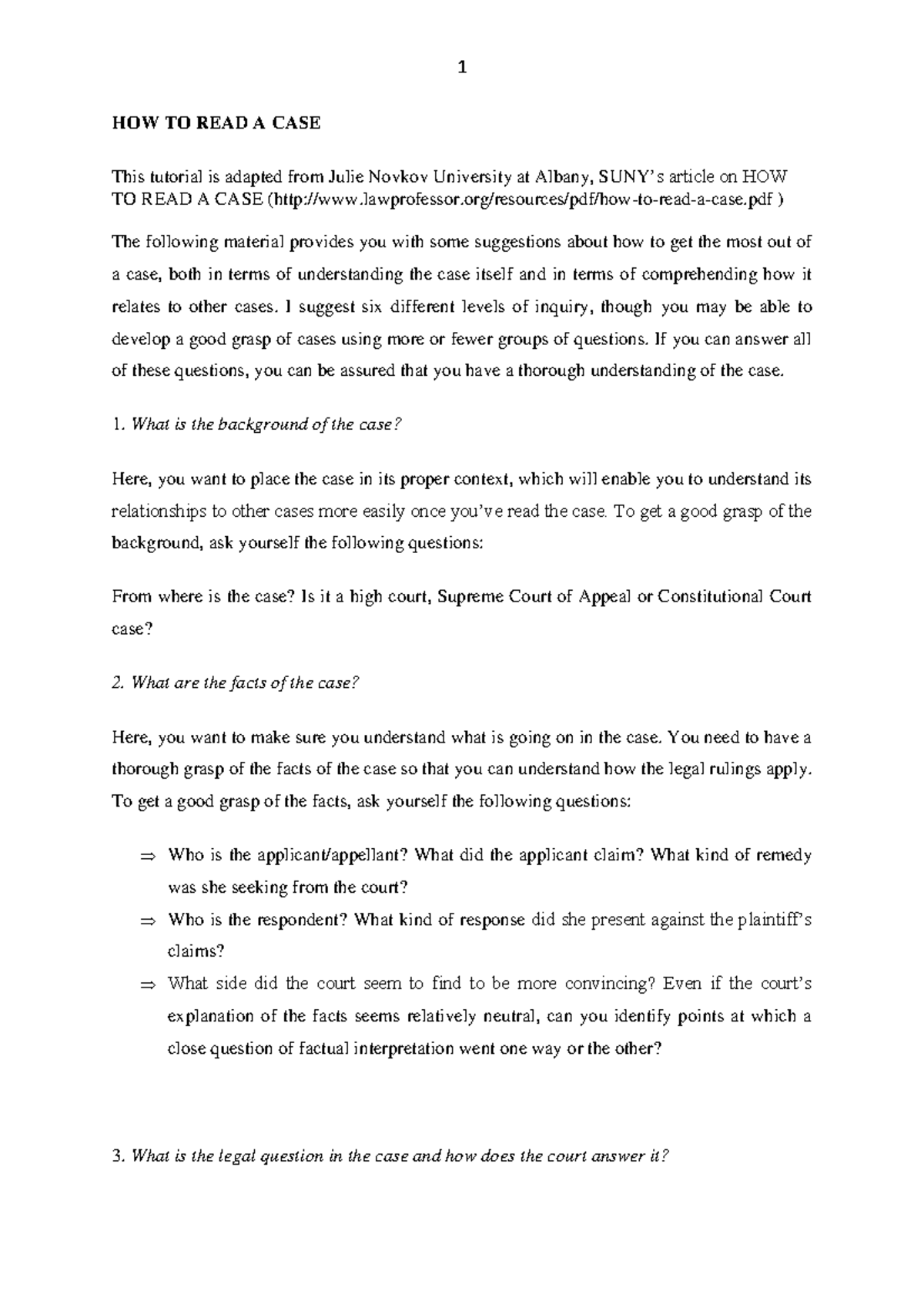 Tutorial 2 HOW TO READ A CASE - HOW TO READ A CASE This tutorial is ...