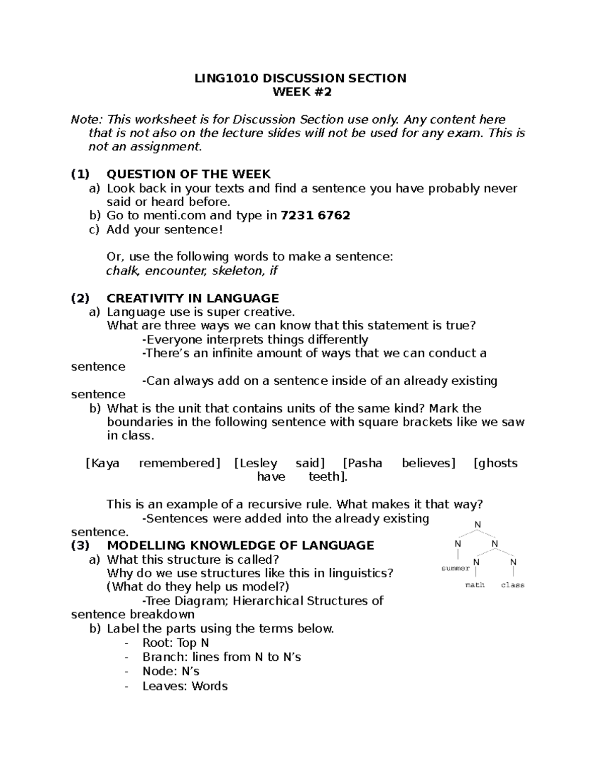 Handout section 02 - LING1010 DISCUSSION SECTION WEEK Note: This ...