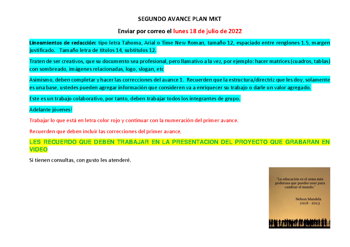 Directriz Segundo Avance PLAN MKT - SEGUNDO AVANCE PLAN MKT Enviar por ...