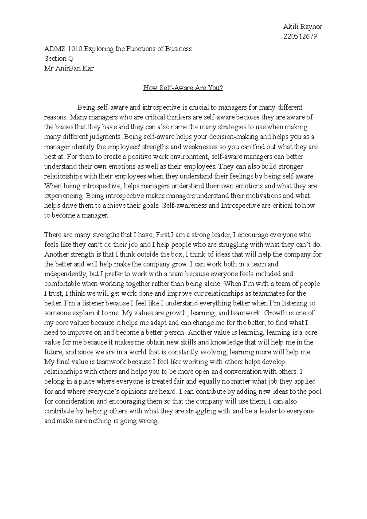 Week 2 Writing Assignment - Akili Raynor 220512679 ADMS 1010 the Functions of Business Section Q ...