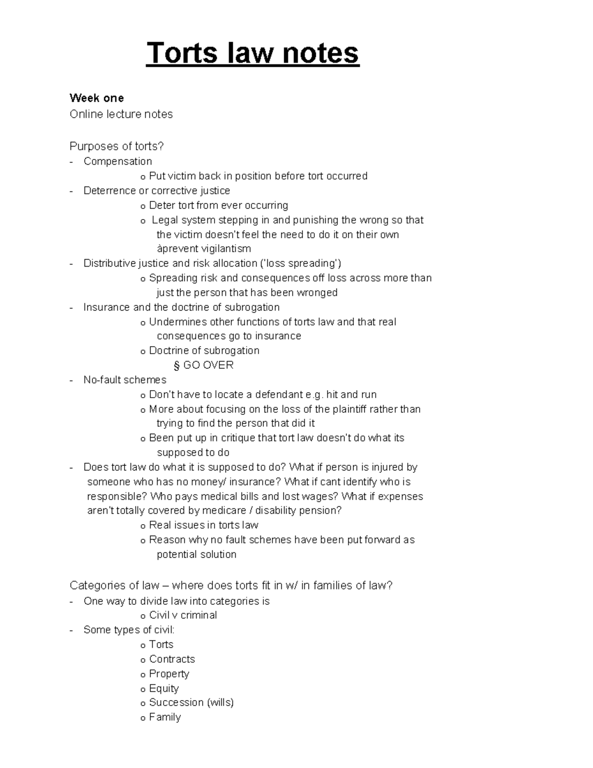 Torts law notes - Torts law notes Week one Online lecture notes ...