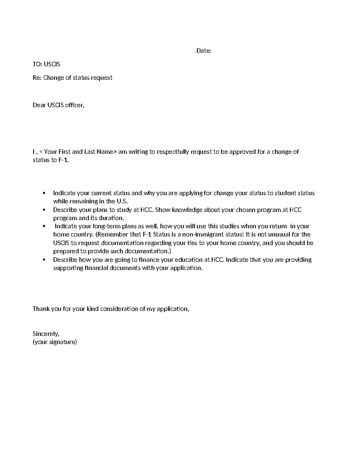 Sample Personal Letter for Change of Status - Date: TO: USCIS Re ...