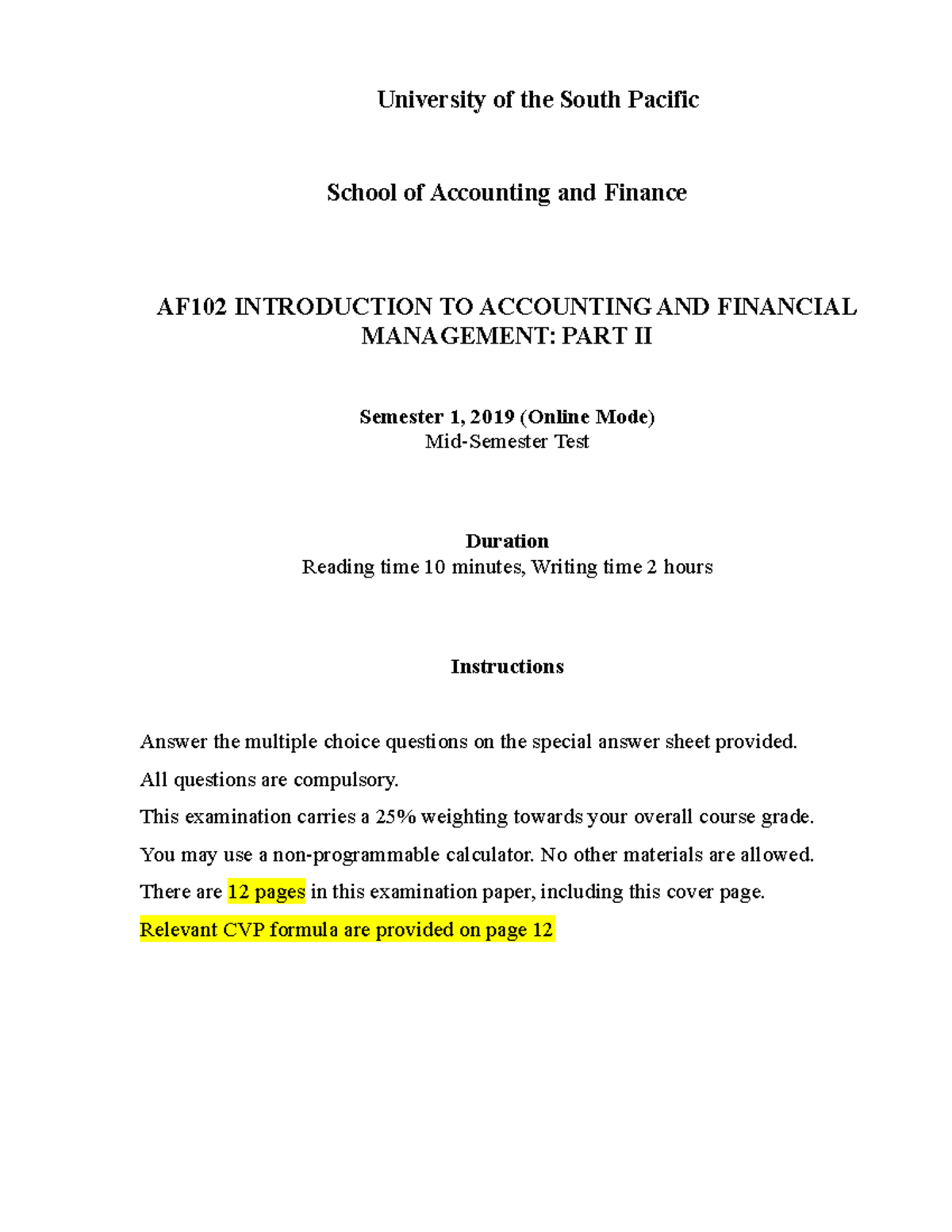 AF102 MST s1, 2019 question paper V1 - University of the South Pacific ...