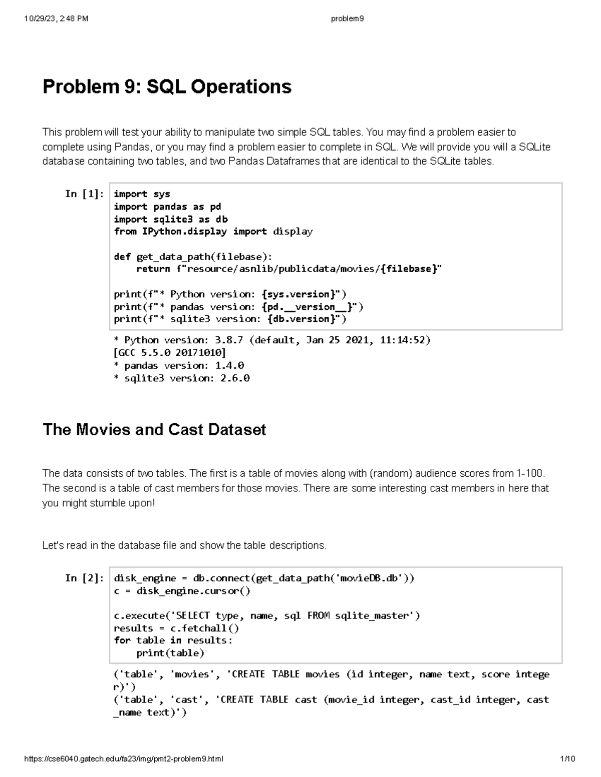 Problem 9 - pre for midterm 2 - Problem 9: SQL Operations This problem ...