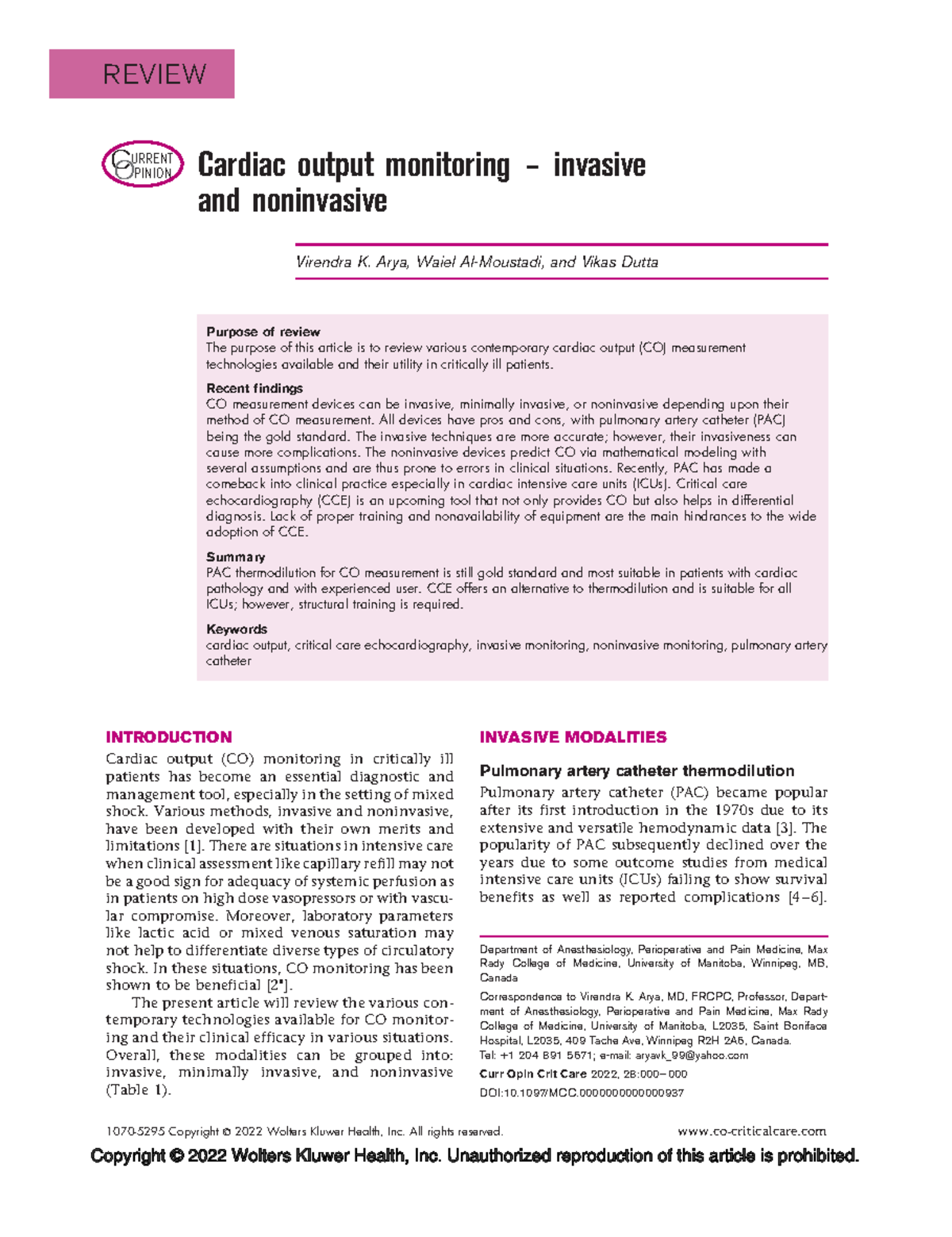 Cardiac output monitoring – invasive and noninvasive - Virendra 2022 ...