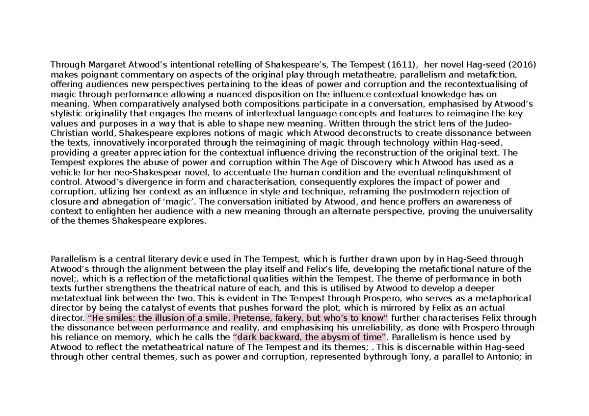 Tempest hagseed essay - Grade: 12 - Through Margaret Atwood’s ...